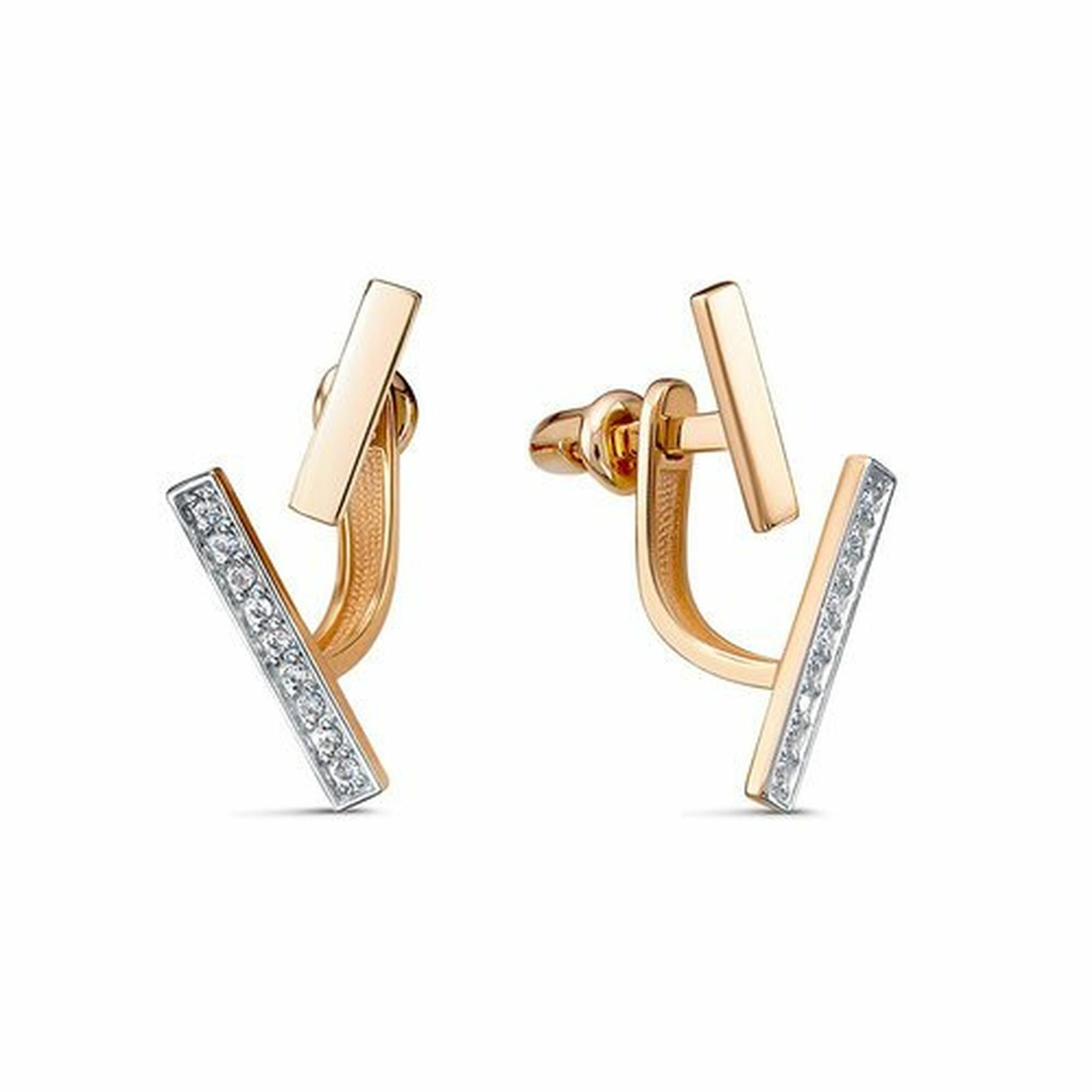 Серьги пусеты, трансформеры, красное золото, 585 проба, фианит