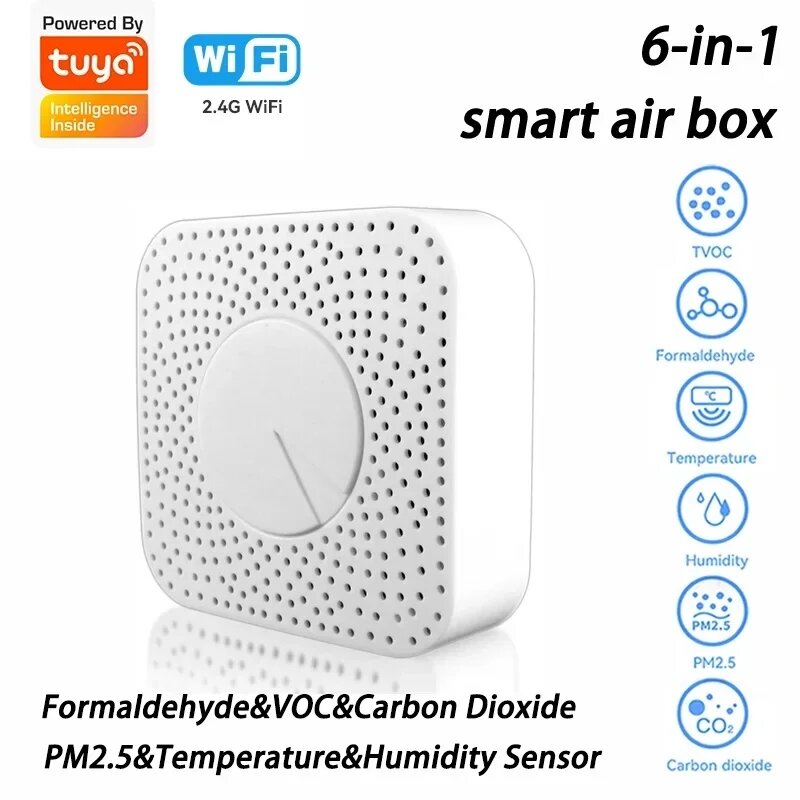 Датчик мониторинга качества воздуха Tuya Zigbee/WiFi Smart Air Box: измеритель PM2.5, CO2, формальдегида, VOC, температуры и влажности и шлюз — 6 в 1 WiFi датчик