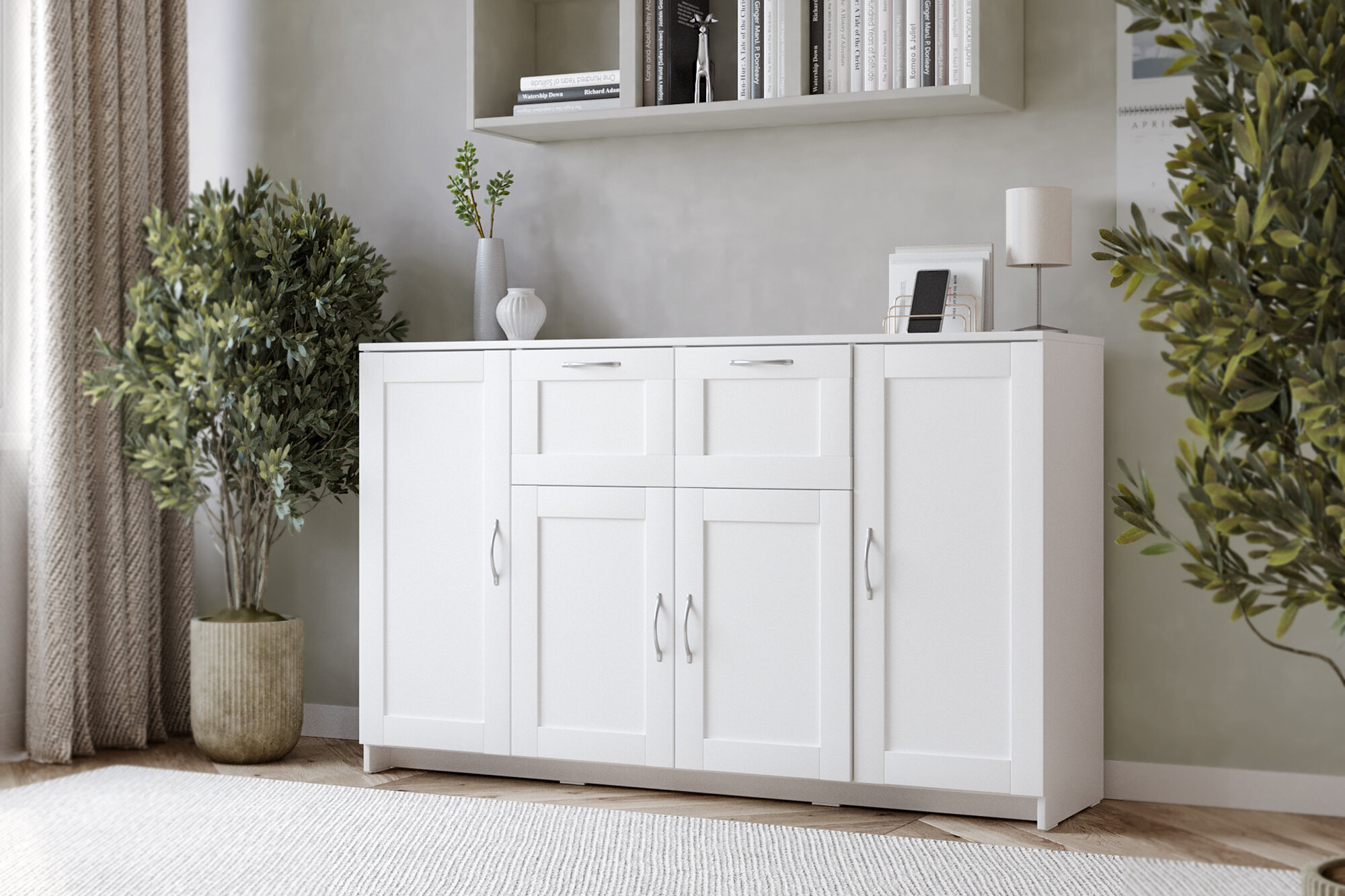 "Тумба Сириус" 4 дверцы, 2 ящика, 156 х 95 х 41,2 см, белый, скандинавский стиль