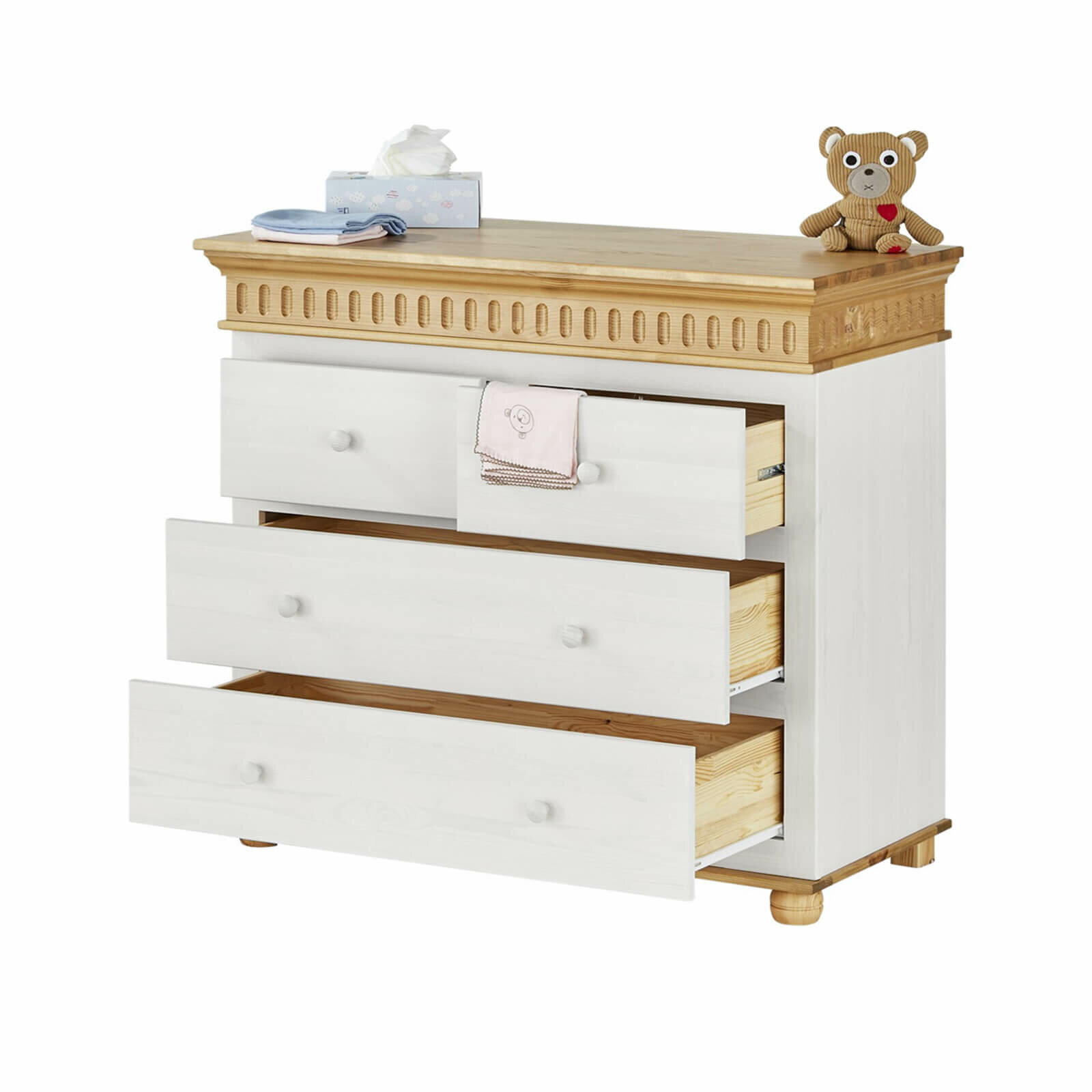 Комод ММЦ Хельсинки детский (белый воск+антик), из массива сосны.