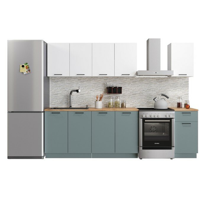 Кухонный гарнитур прямой Simple, без столешницы, 2000 мм, цвет белый/пыльный зелёный