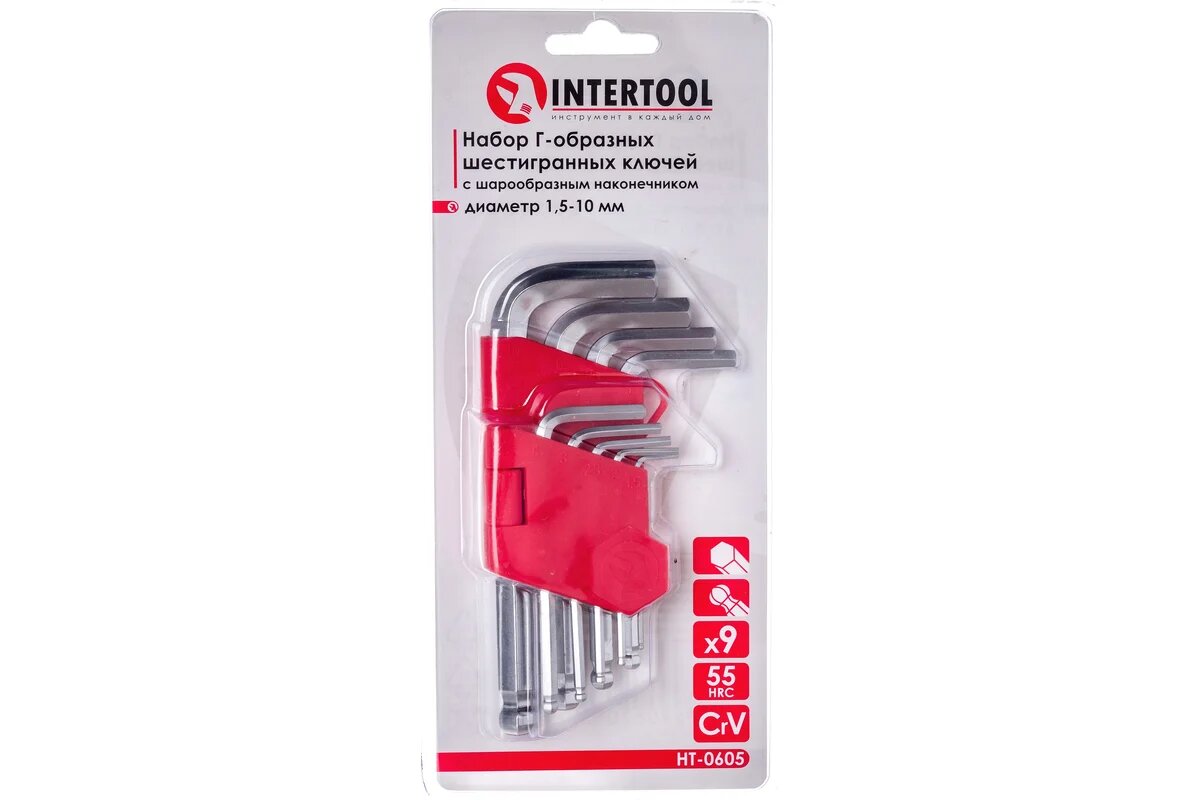 INTERTOOL Набор Г-образных шестигранных ключей , 9ед,1.5-10мм, Cr-V, 55 HRC Small HT-0605