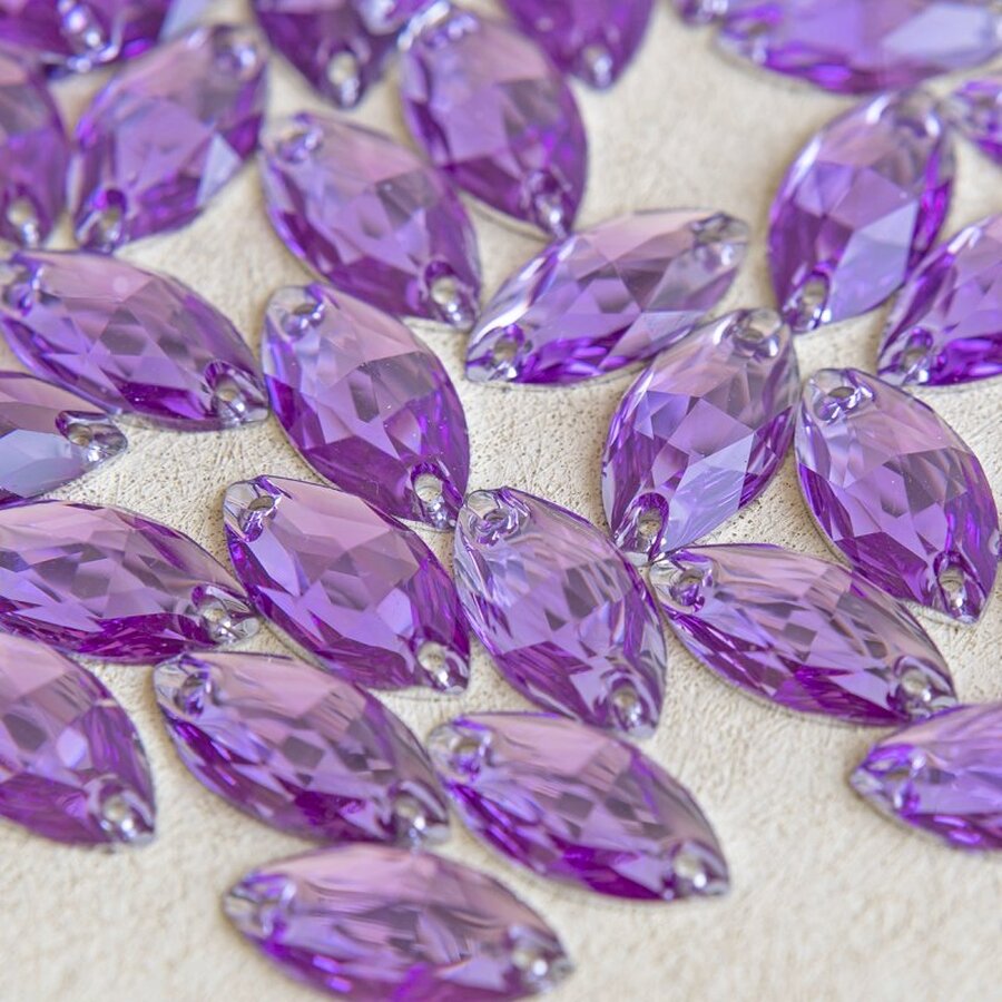 Стразы Пришивные Resin Люкс (упаковка 20 шт.) для рукоделия/шитья/декора одежды, форма Navette, цвет фиолетовый, 9х18 мм
