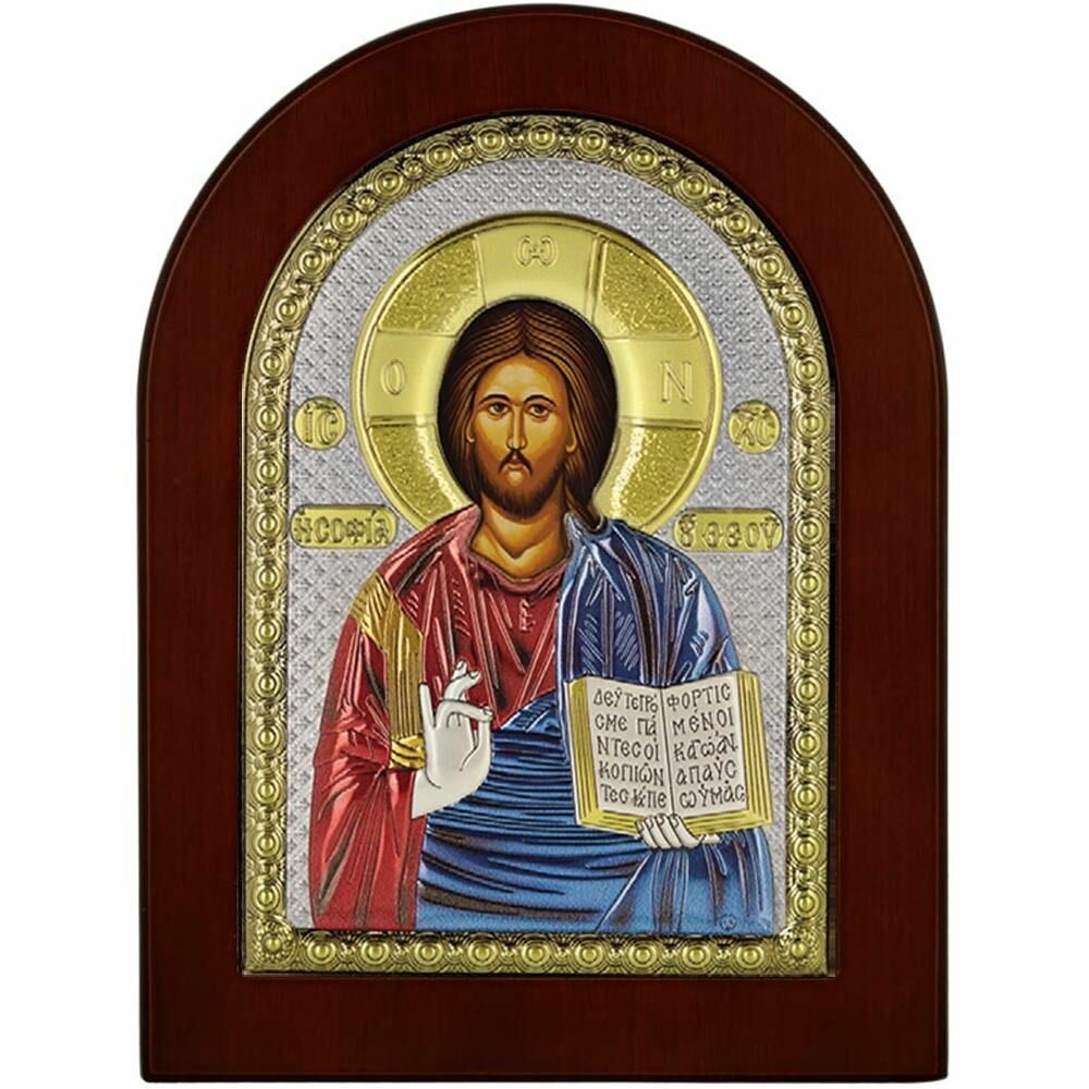 Икона Иисуса Христа Спасителя в серебряном окладе. (10 x 14 см / Цветной защитный лак. Позолота на окладе. / 14)