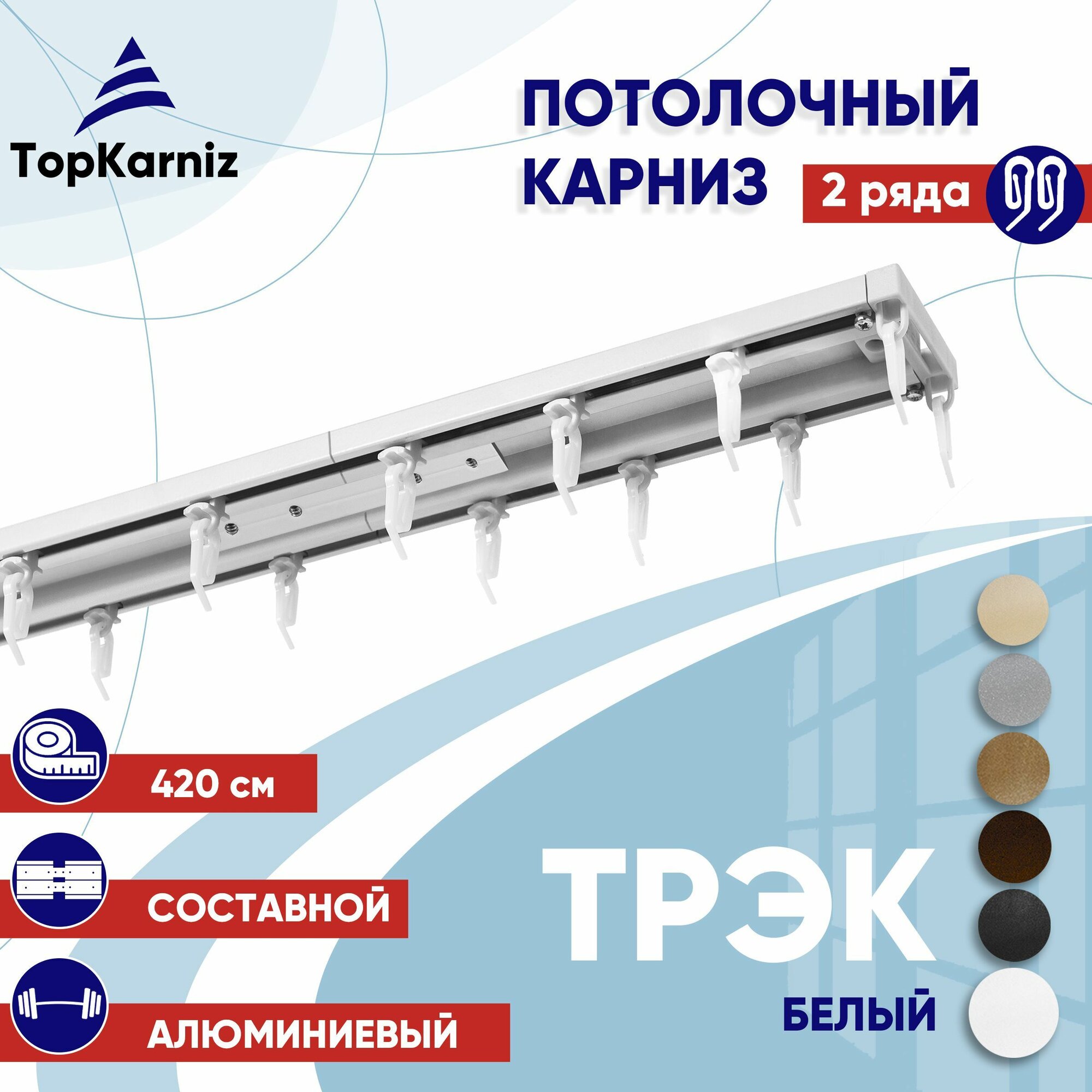 Карниз для штор 420 см двухрядный потолочный алюминиевый профильный белый, металл, гардина, Топ Карниз