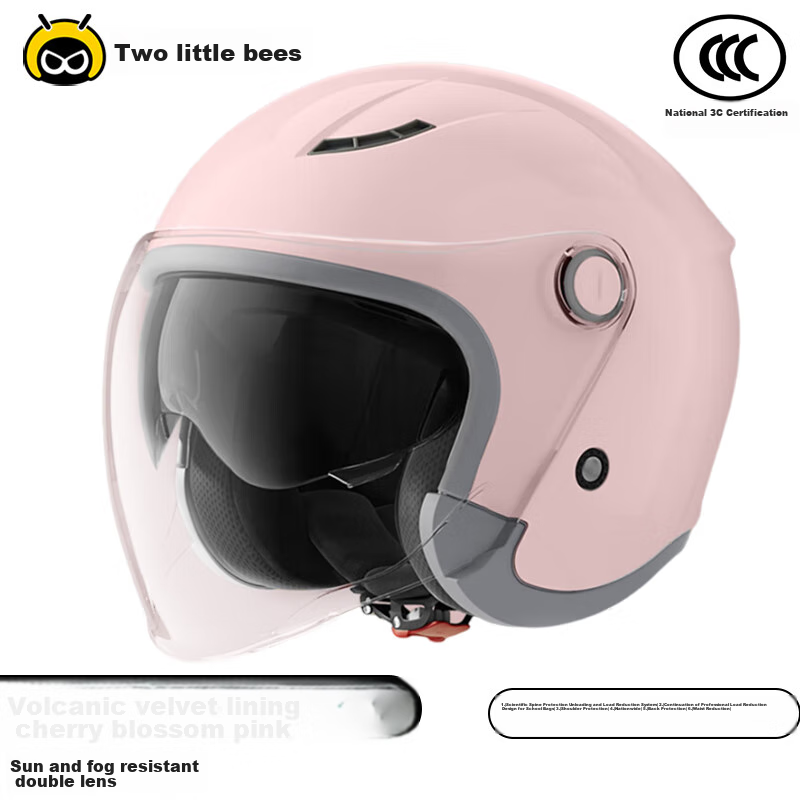TWOBEE New National Standard 3C Certified Helmet Unisex Four Seasons Universal Volcanic Velvet Helmet Winter Electric Motorcycle Sunscreen Anti-fog Double Mirror 3/4 Helmet Class A Cherry Blossom Pink