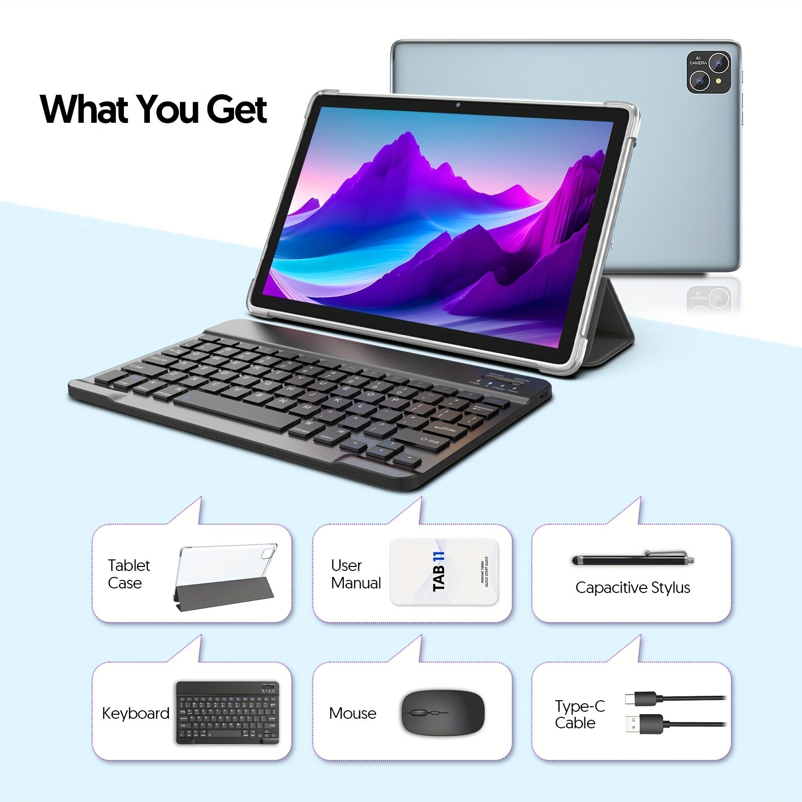 10.1 Inch Tablet Android 14 Tablets Newest, 128GB+8(4+4 Expand)GB 1TB Expand, Octa-Core CPU, 8000mAh Battery, 5G Wifi 6, 2MP+8MP Dual Camera, 1280x800 FHD IPS, Tablets With Keyboard, Mouse, Case