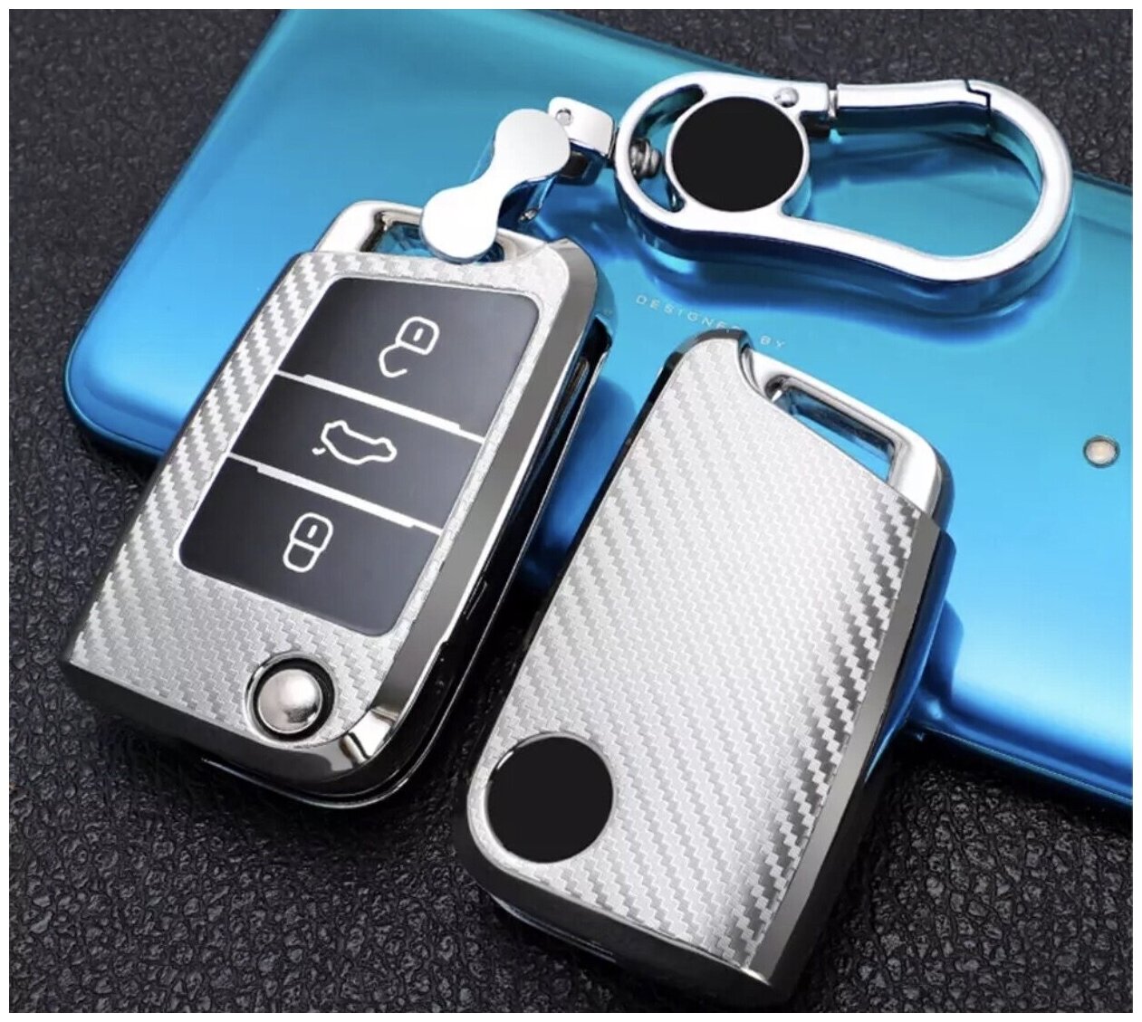 Чехол на ключ TPU Skoda Volkswagen / Шкода Фольксваген carbone silver
