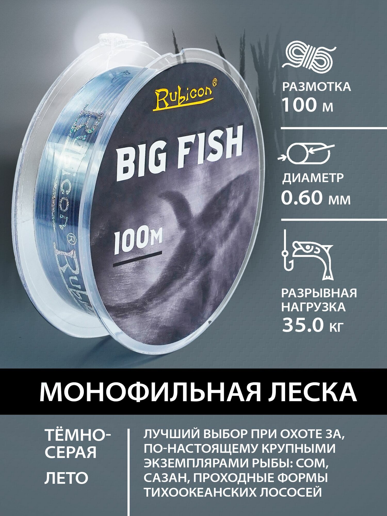 RUBICON Леска RUBICON Big Fish 100m d=0,60mm (dark grey)