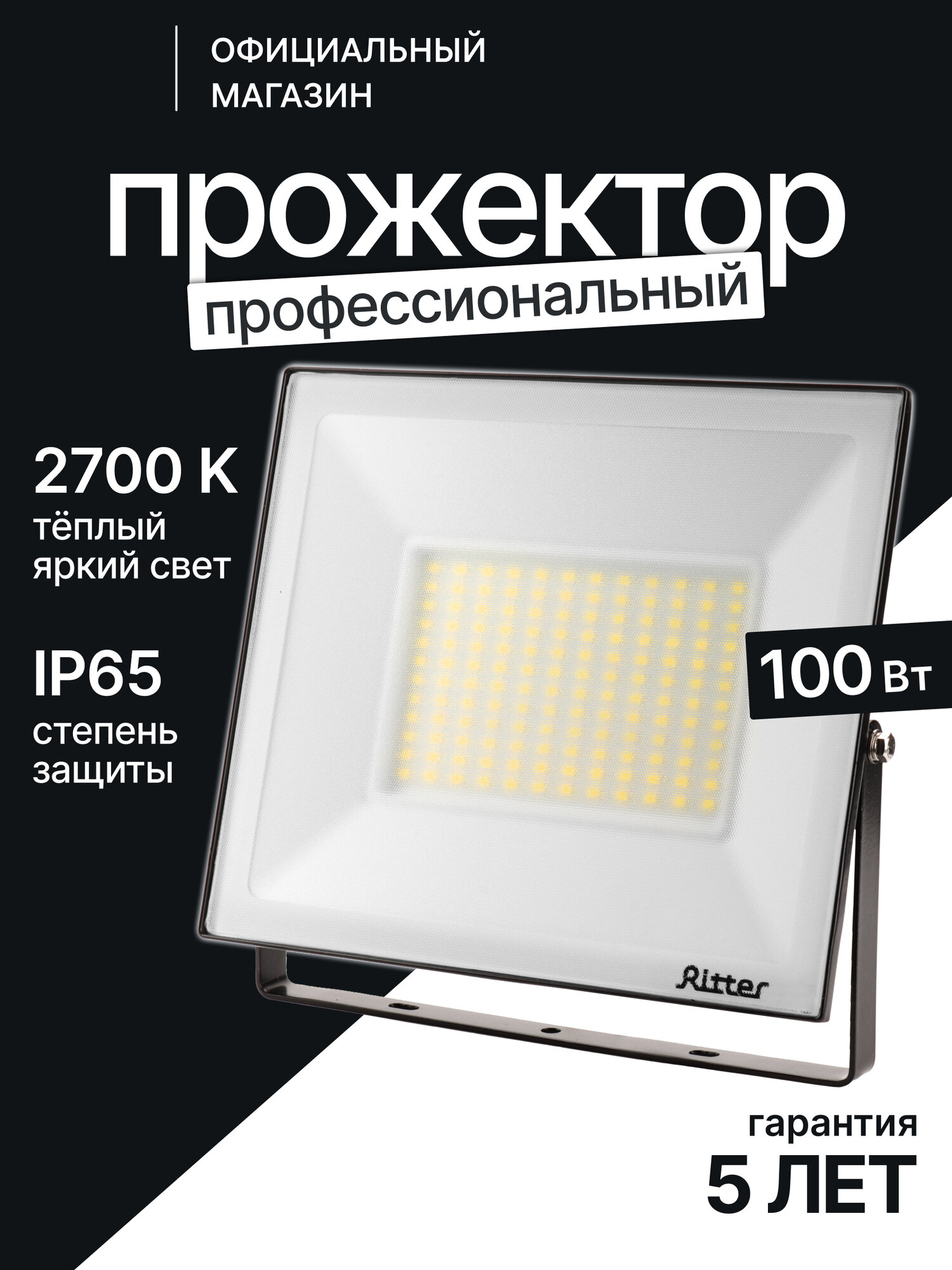 Прожектор Ritter светодиодный 100Вт уличный, теплый свет 2700К, IP65, серия PROFI 53430 7