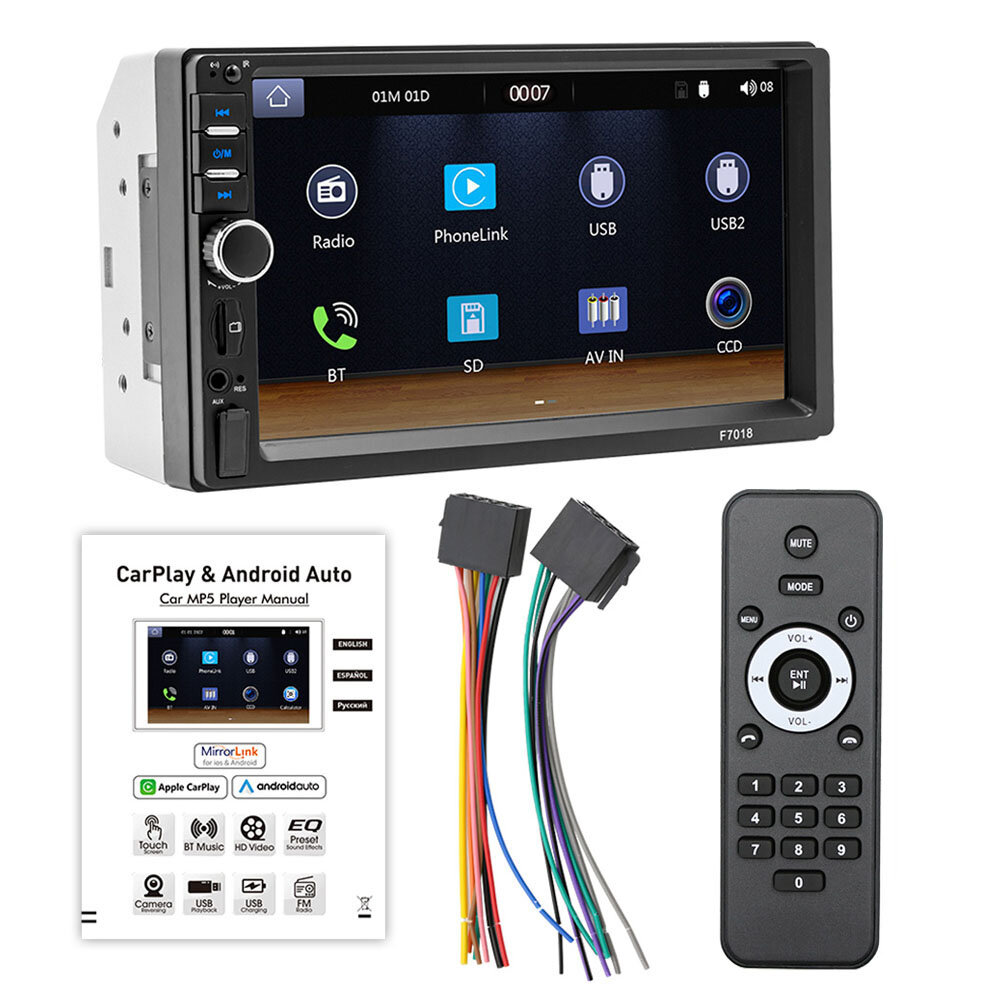 7-дюймовый автомобильный MP5-плеер с поддержкой нескольких языков, BT 5.1, мультимедийный плеер, радио, 87.5-108.0MHz, выходная мощность 60W*4, рабочее напряжение 12-14.4V, разрешение 1024*600, размер экрана 7in, код 113266