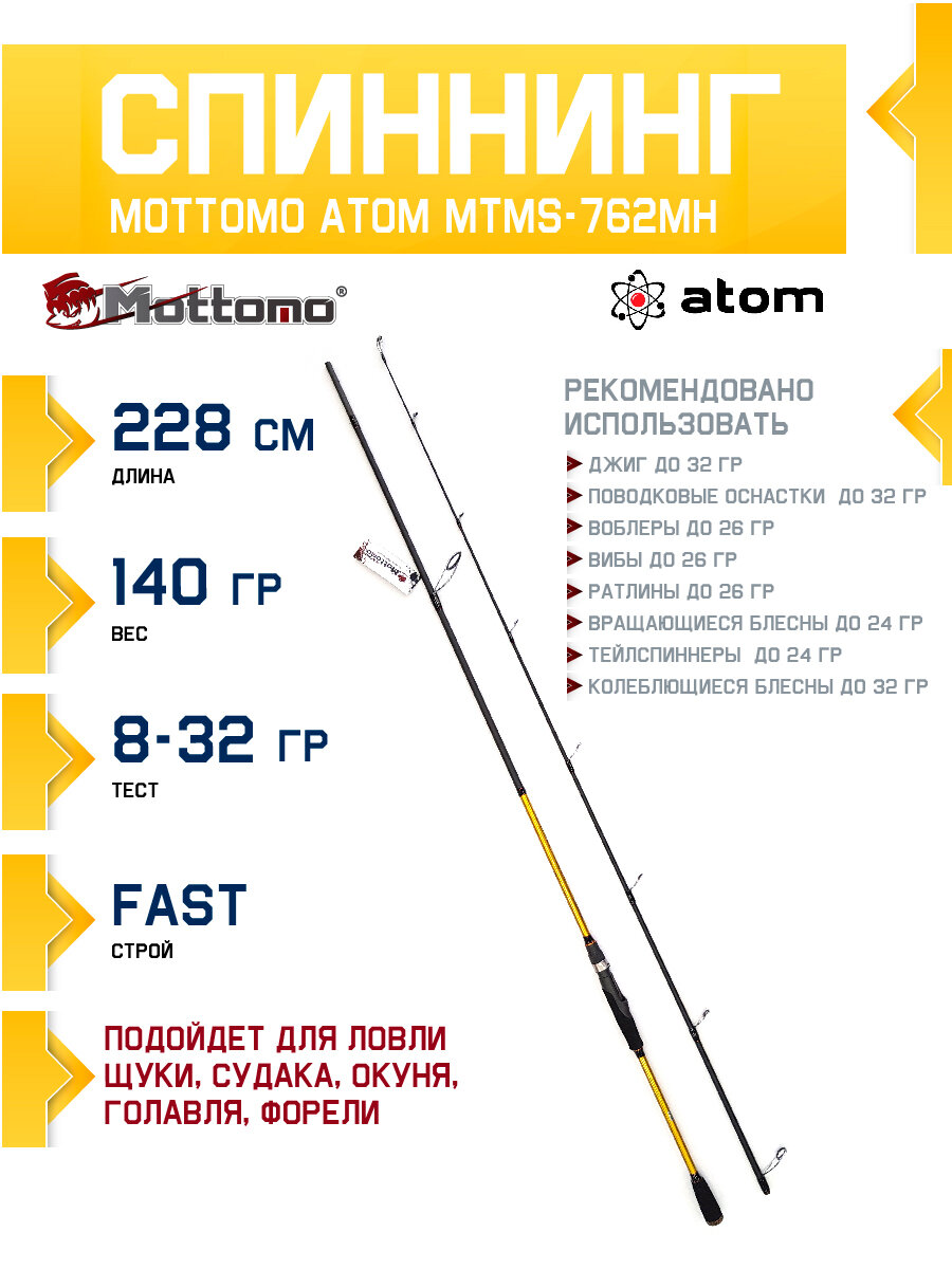 Спиннинг Mottomo Atom MTMS-762MH 228см/8-32g на щуку, окуня, голавля, жереха.