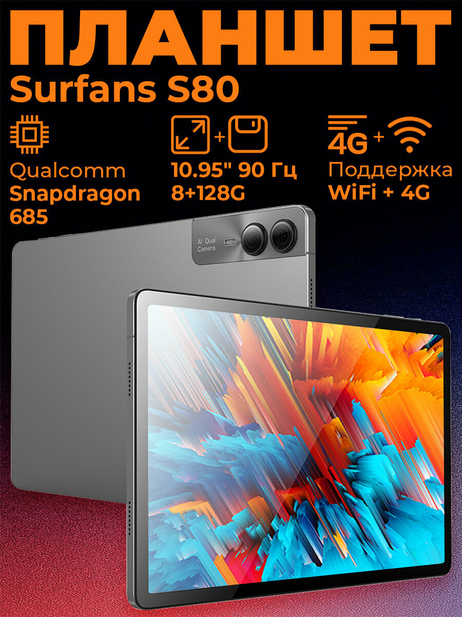 Планшет Surfans S80 (Snapdragon 685), 90 Гц,8/128 ГБ, LTE, Глобальная прошивка, Русский язык), серый