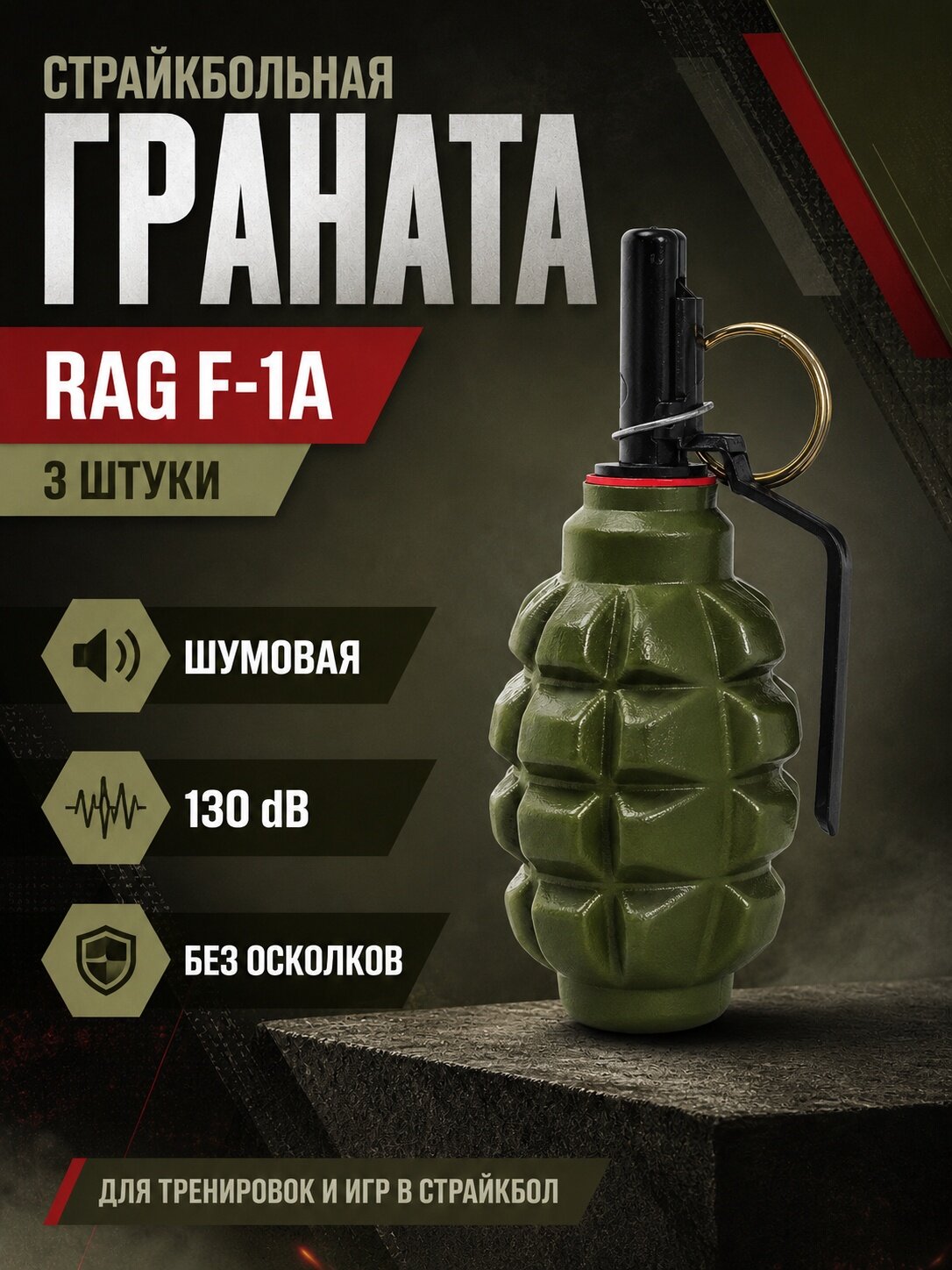 Гранаты шумовые страйкбольные RAG F-1A - 3 штуки, без осколков, пиротехническая, для страйкбола и пейнтбола