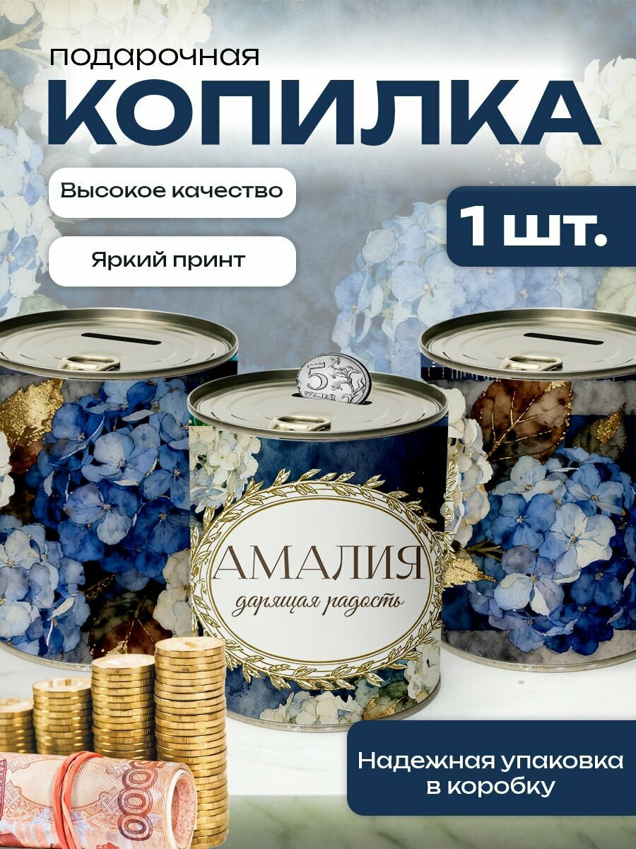 Копилка банка металлическая для денег именная Амалия