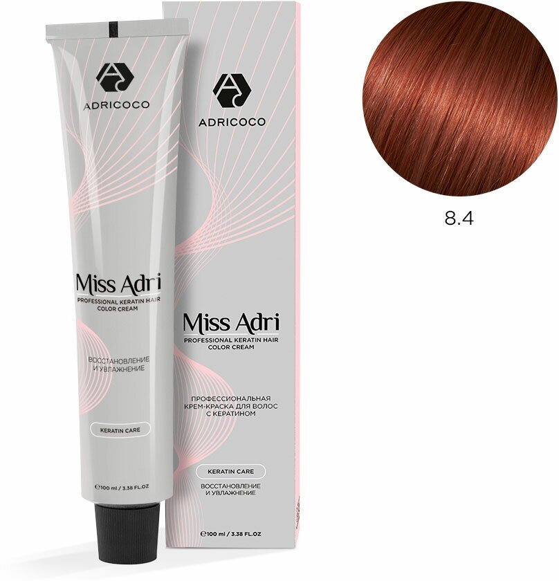 ADRICOCO Miss Adri крем-краска для волос с кератином, 8.4 светлый блонд медный, 100 мл оригинал