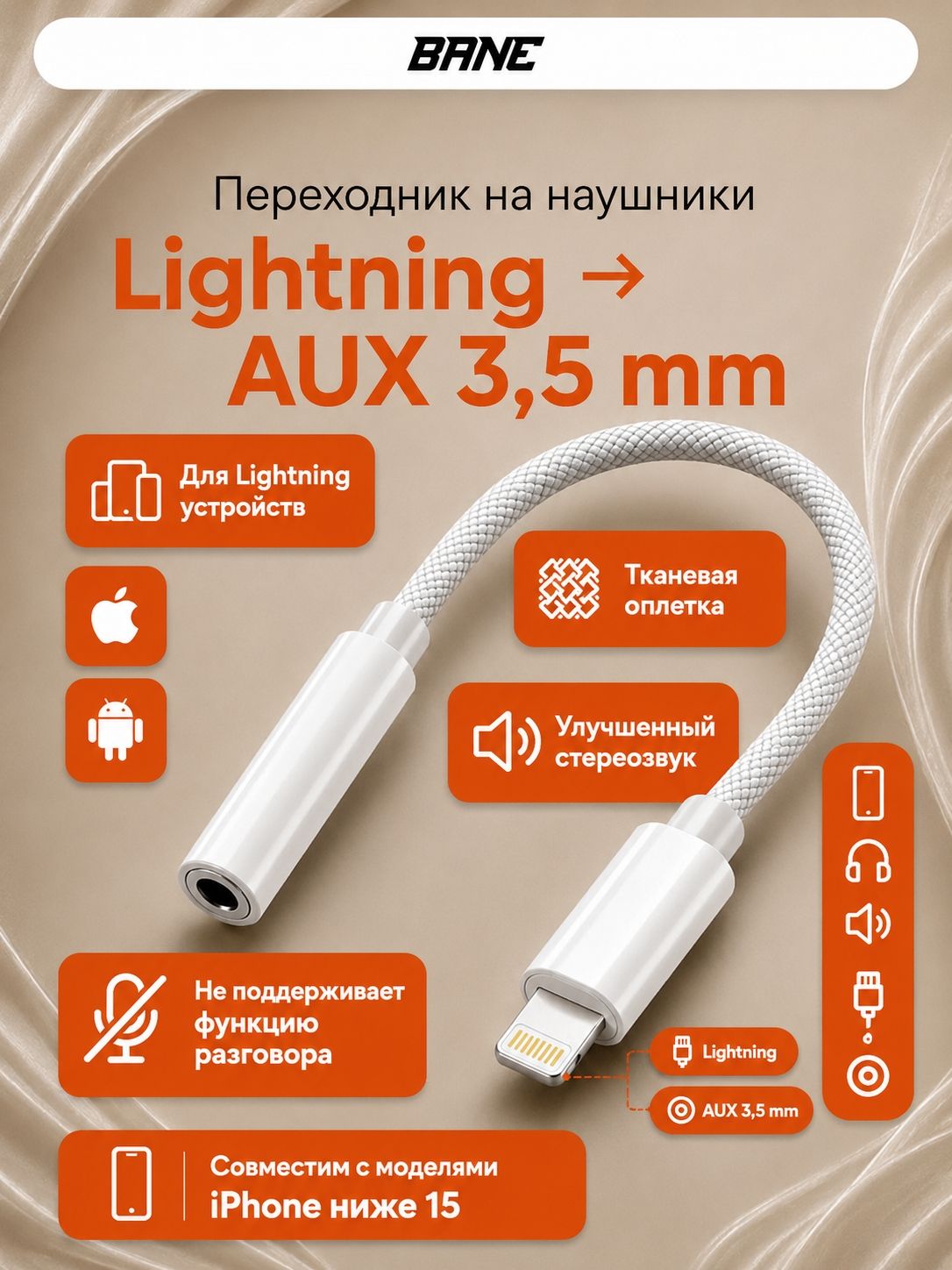 Переходник для наушников Lightning 3.5Jack textile