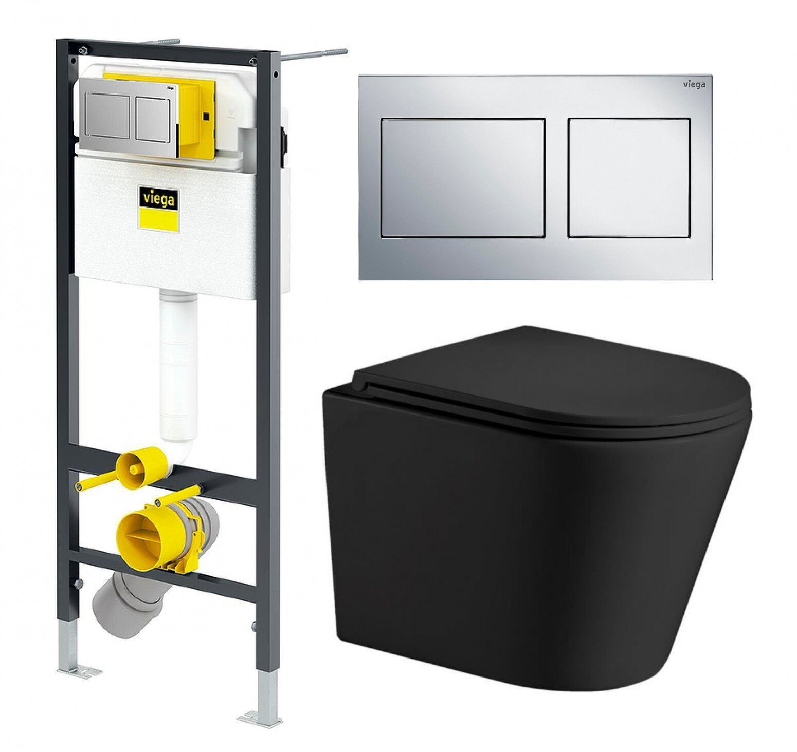 Комплект 3 в 1 инсталляция Viega Prevista Dry 8524.14 792596 + Подвесной унитаз WeltWasser Salzbach 043 MT-BL + кнопка хром