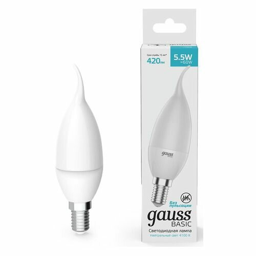 Упаковка ламп LED GAUSS E14, свеча на ветру, 5.5Вт, 1034116, 10 шт.