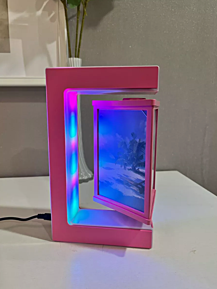 Левитирующая фоторамка с RGB подсветкой, Левитирующая фоторамка ночник, Вращающийся светильник, Розовый