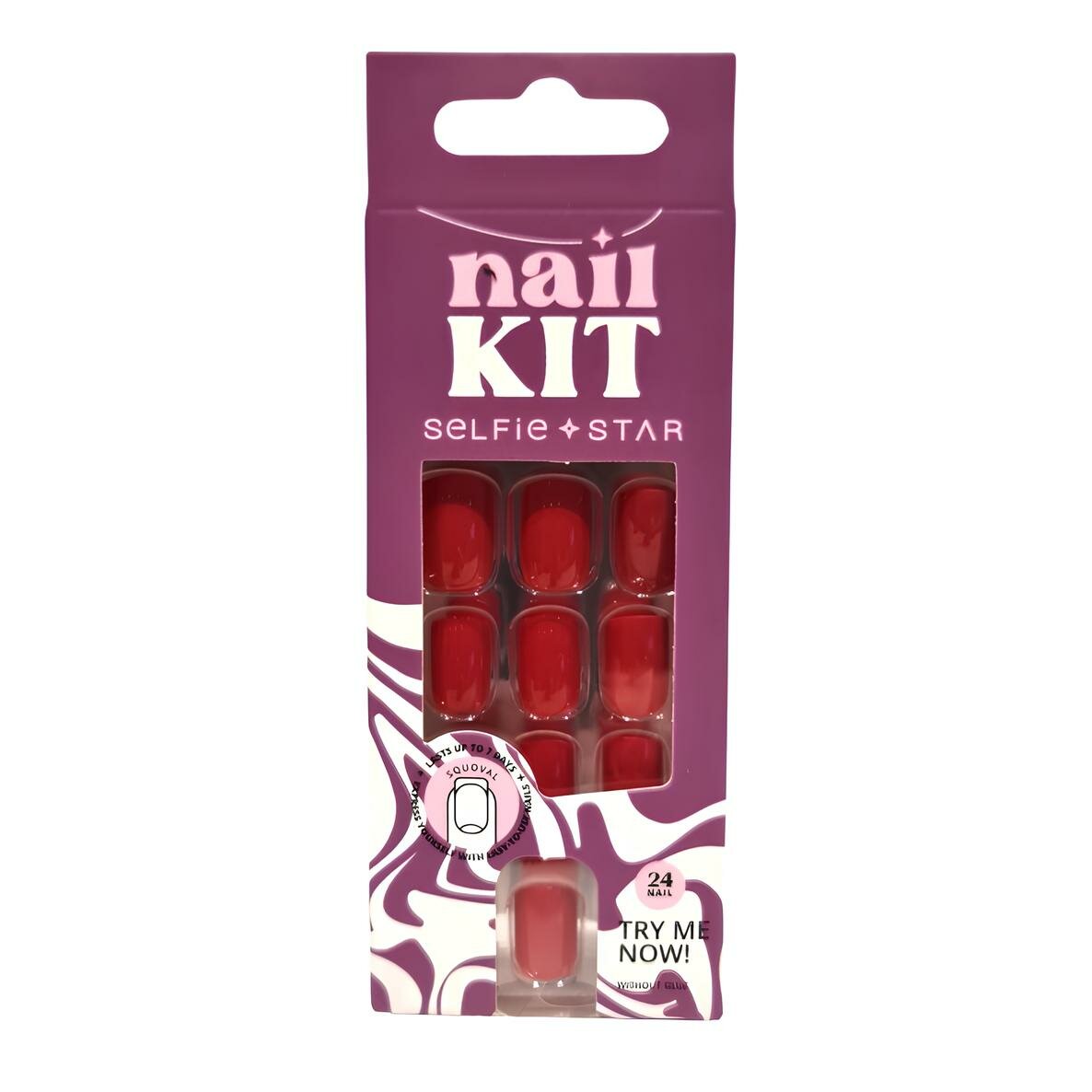 Набор накладных ногтей без клея Классический красный короткая длина Selfie Star Nails Kit Without Glue Real Red Short Length SSNK4360, 24 шт