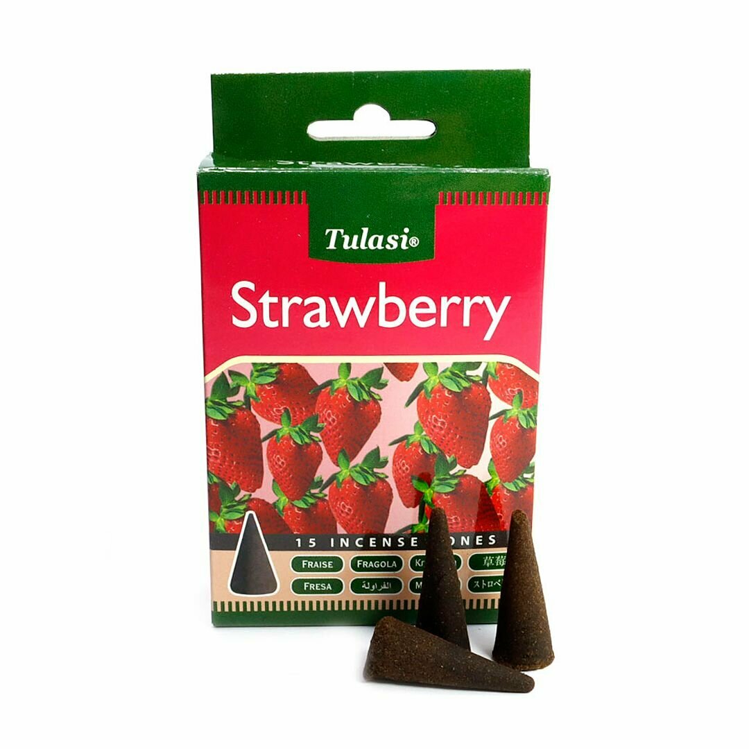 Индийские благовония конусы Саратхи Клубника (Sarathi Strawberry Cones) натуральные ароматические благовония конус для дома, йоги, медитации, релакса, очистки воздуха и ароматерапии 15 шт