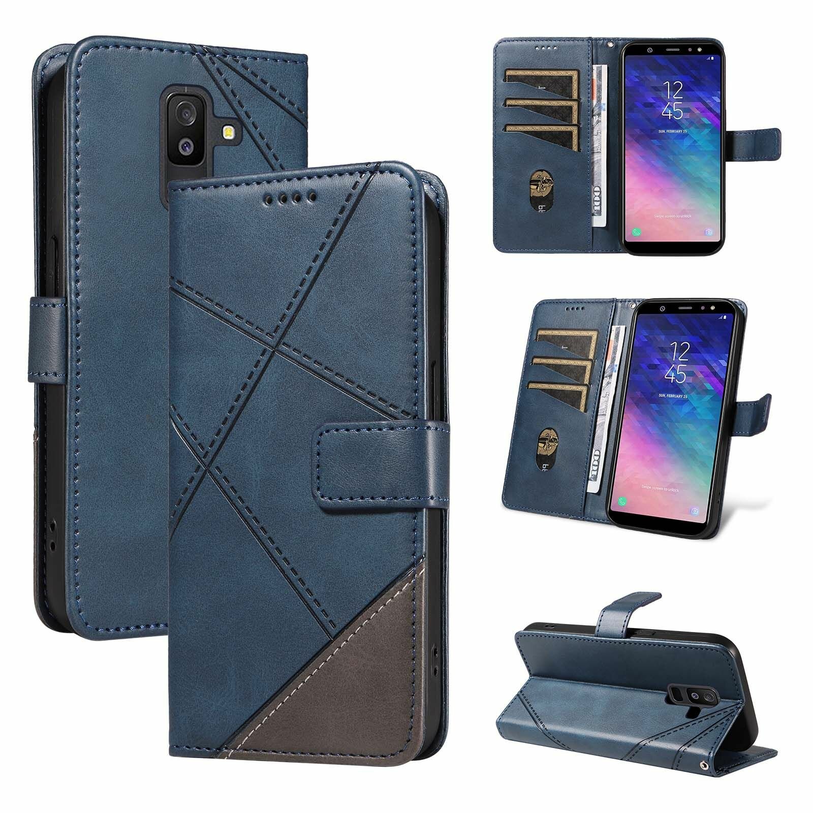YIKATU Чехол книжка для Samsung Galaxy A6 Plus A605 J8 J810(Самсунг Галакси А6 Плюс А605 J8 J810 ) кожаный черный с магнитной застежкой, flip чехол с функцией подставки, С вытяжным шнуром