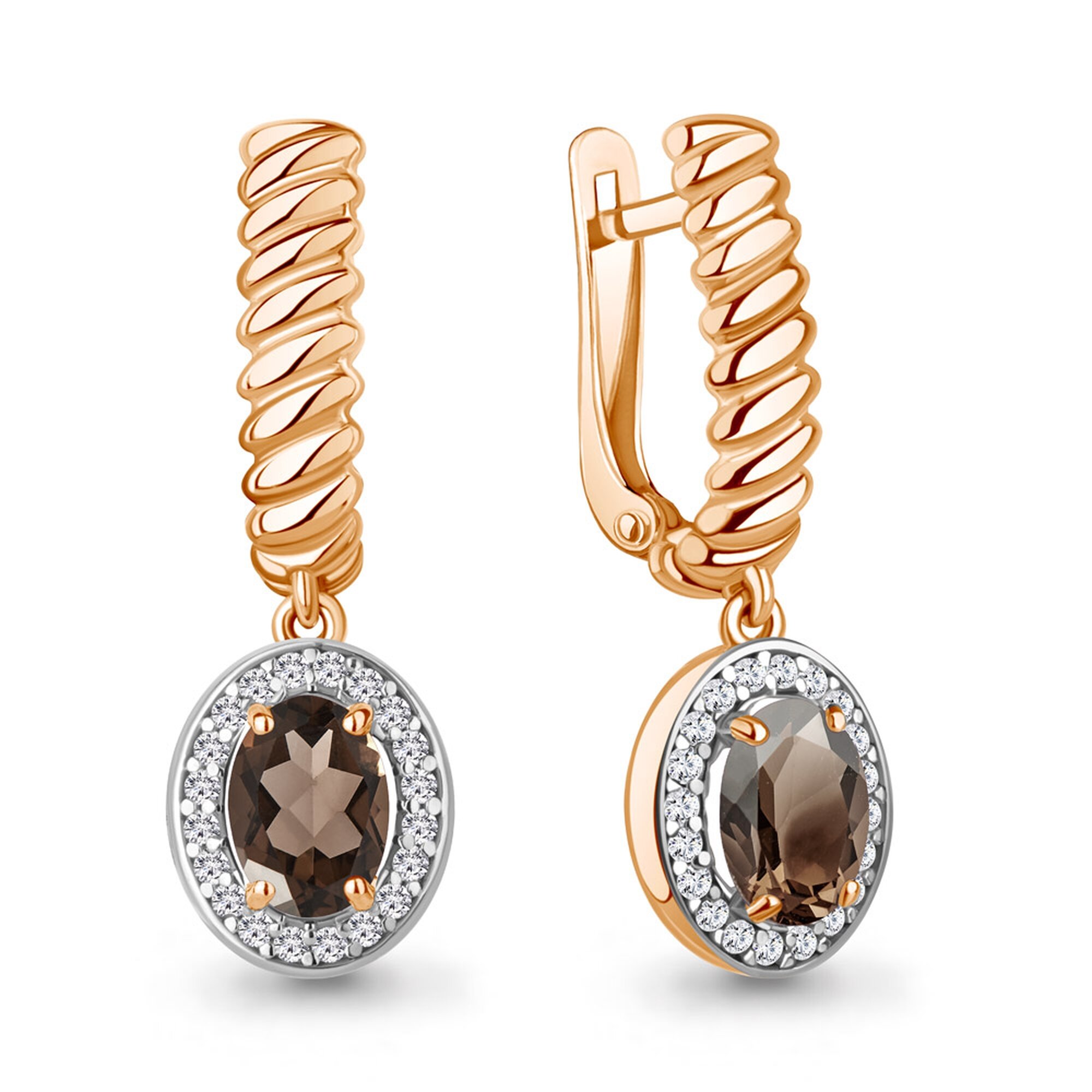 Серьги, серебро, 925 проба, золочение, фианит, кварц