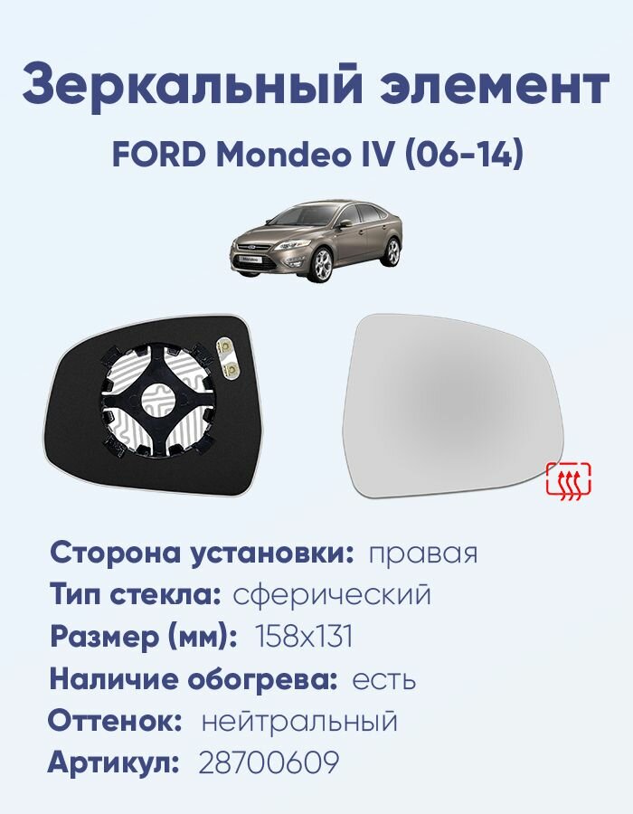 Зеркальный элемент правый FORD Mondeo IV (06-14) сфера нейтральный с обогревом