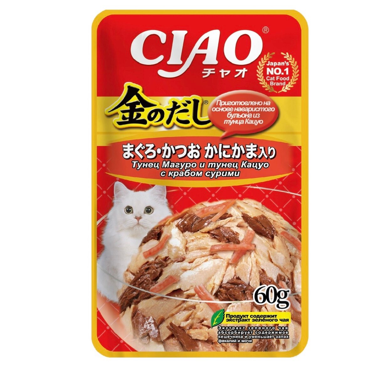 Inaba Ciao Kinnodashi Влажный корм для кошек Тунец Магуро и тунец Кацуо с крабом сурими 60г*6шт