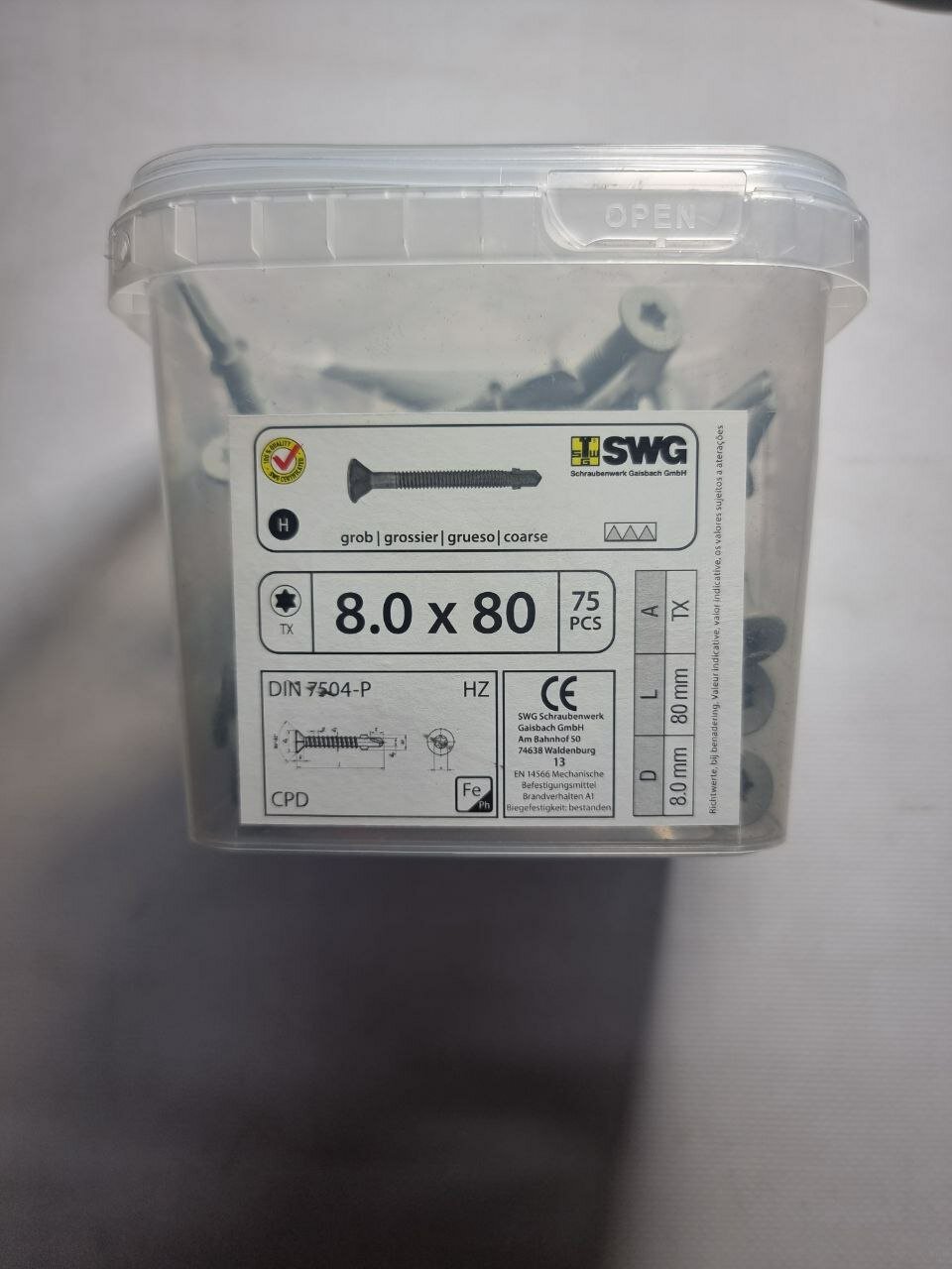 Шуруп по металлу потайная голова полная резьба с длинным буром для ЦСП Torx DIN 7504р 8*80 платковый (HZ) (75шт) SWG, Германия