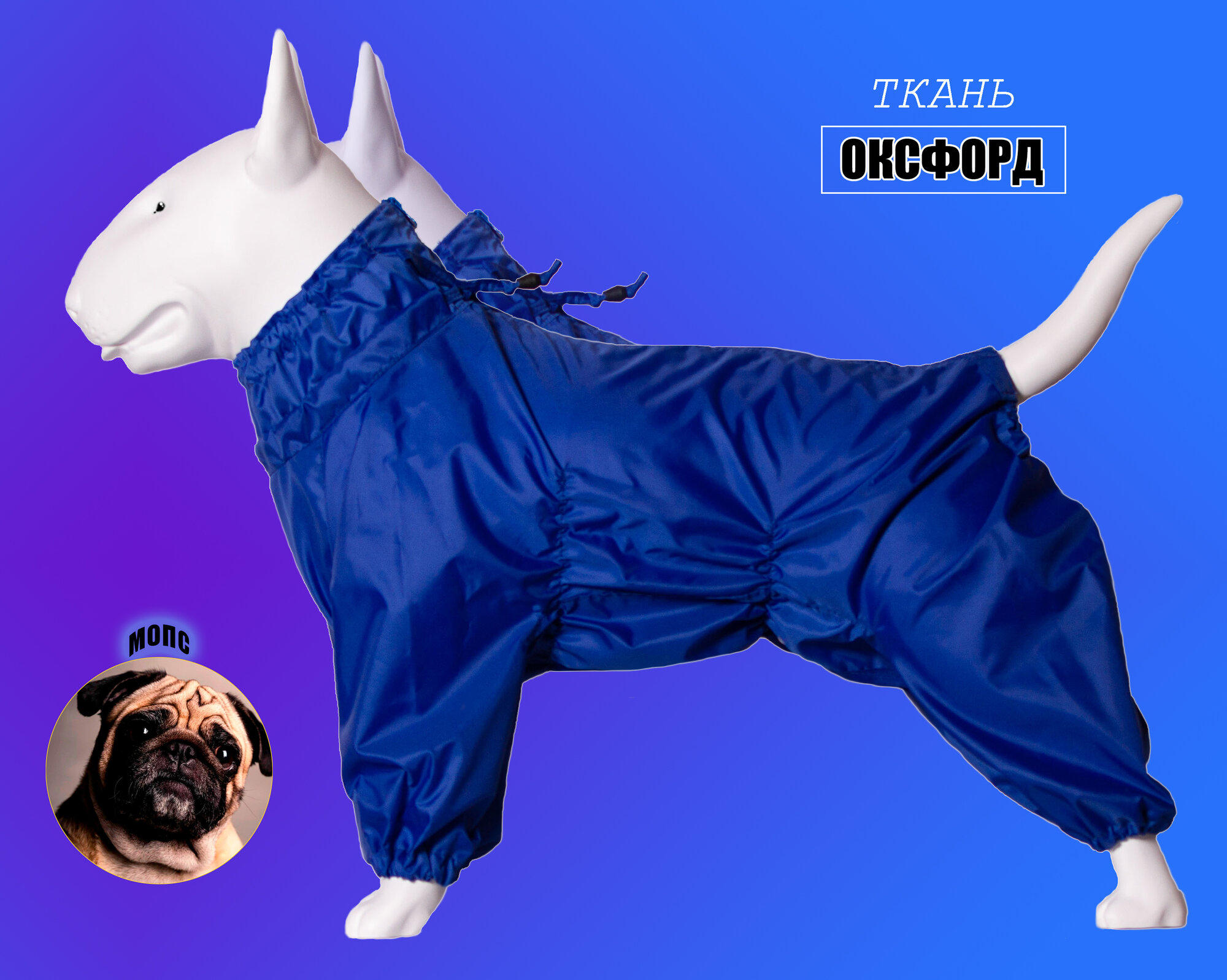 Комбинезон-дождевик для мопса кобеля, повышенной прочности, цвет василек