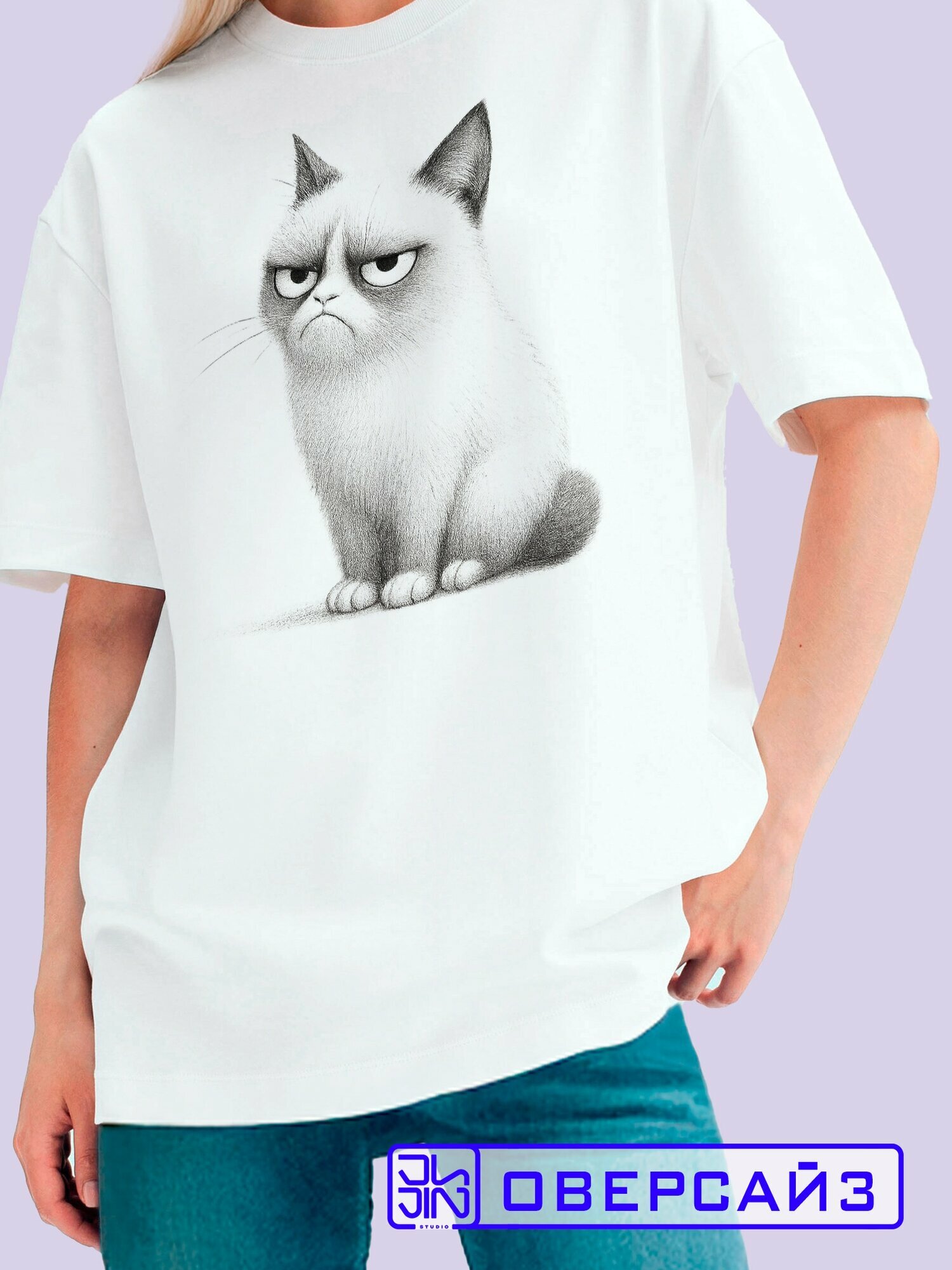 Футболка оверсайз женская с принтом Черно белый минималистичный портрет кошки с мемами, смешной белый рисунок, белый хлопковый трикотаж с прикольным рисунком на груди