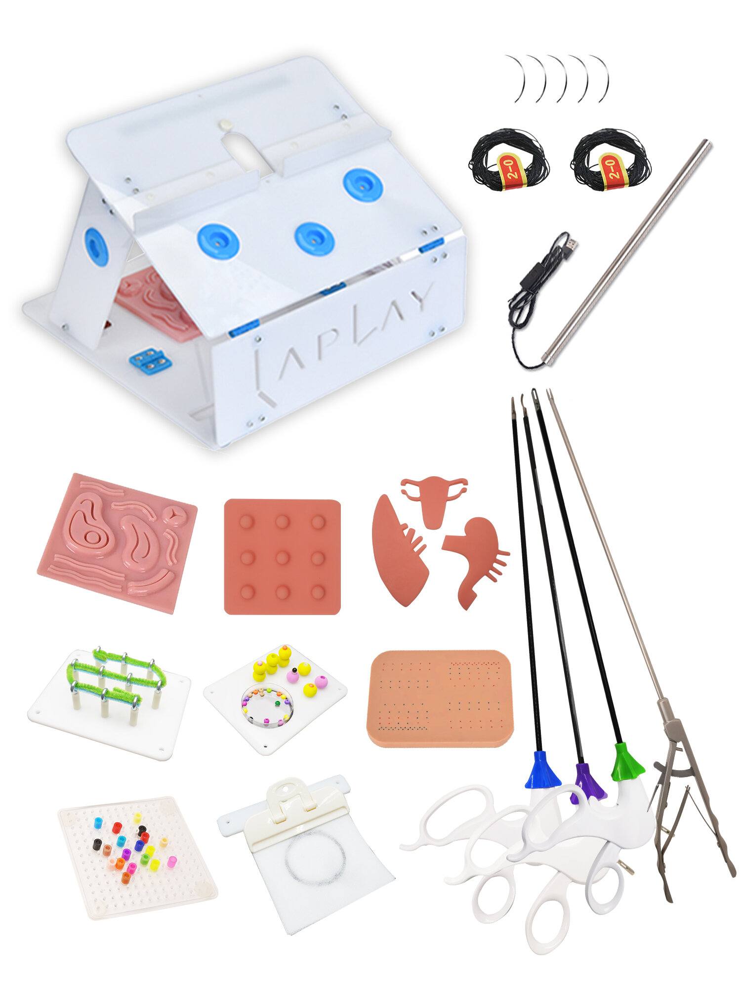 Лапароскопический тренажер Модель включает 4 инструмента, 10 учебных блоков и камеру с углом обзора 30 градусов.