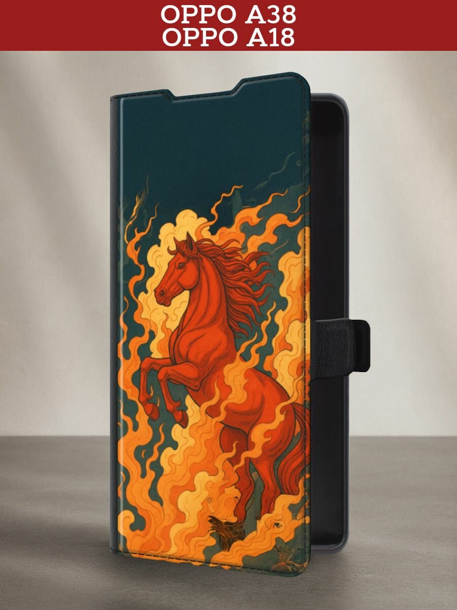 Чехол-книжка на Oppo A38/A18 / Оппо A38/А18 с рисунком Конь в закатных облаках, черный