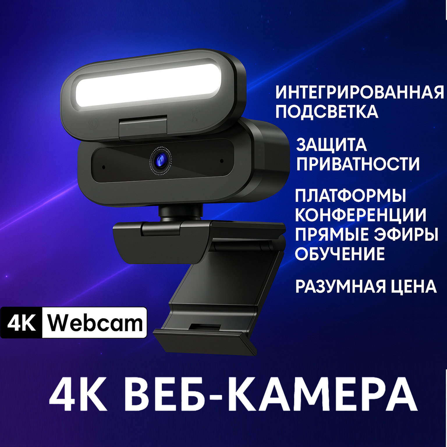 EXHQDR 4K веб-камера с крышкой для конфиденциальности, 3 уровня подсветки, USB, микрофон с шумоподавлением