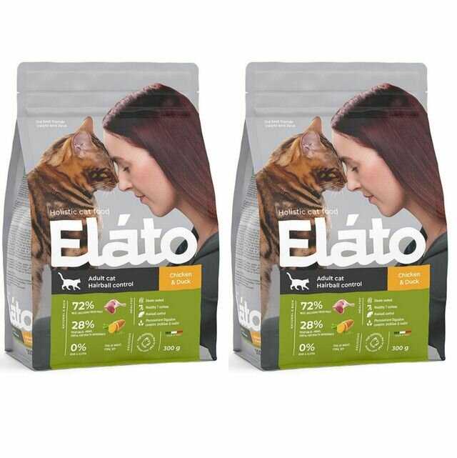 Elato Сухой корм для кошек Holistic с курицей и уткой, для выведения шерсти, 300 г, 2 уп