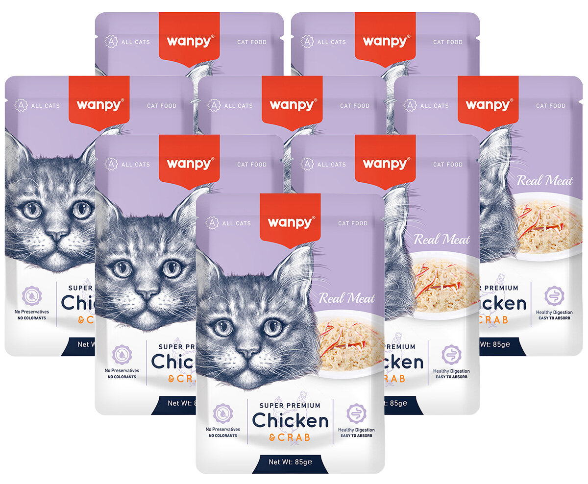 Влажный корм Wanpy Cat Chicken & Crab для кошек с курицей и крабом пауч, 85 гр х 8 шт