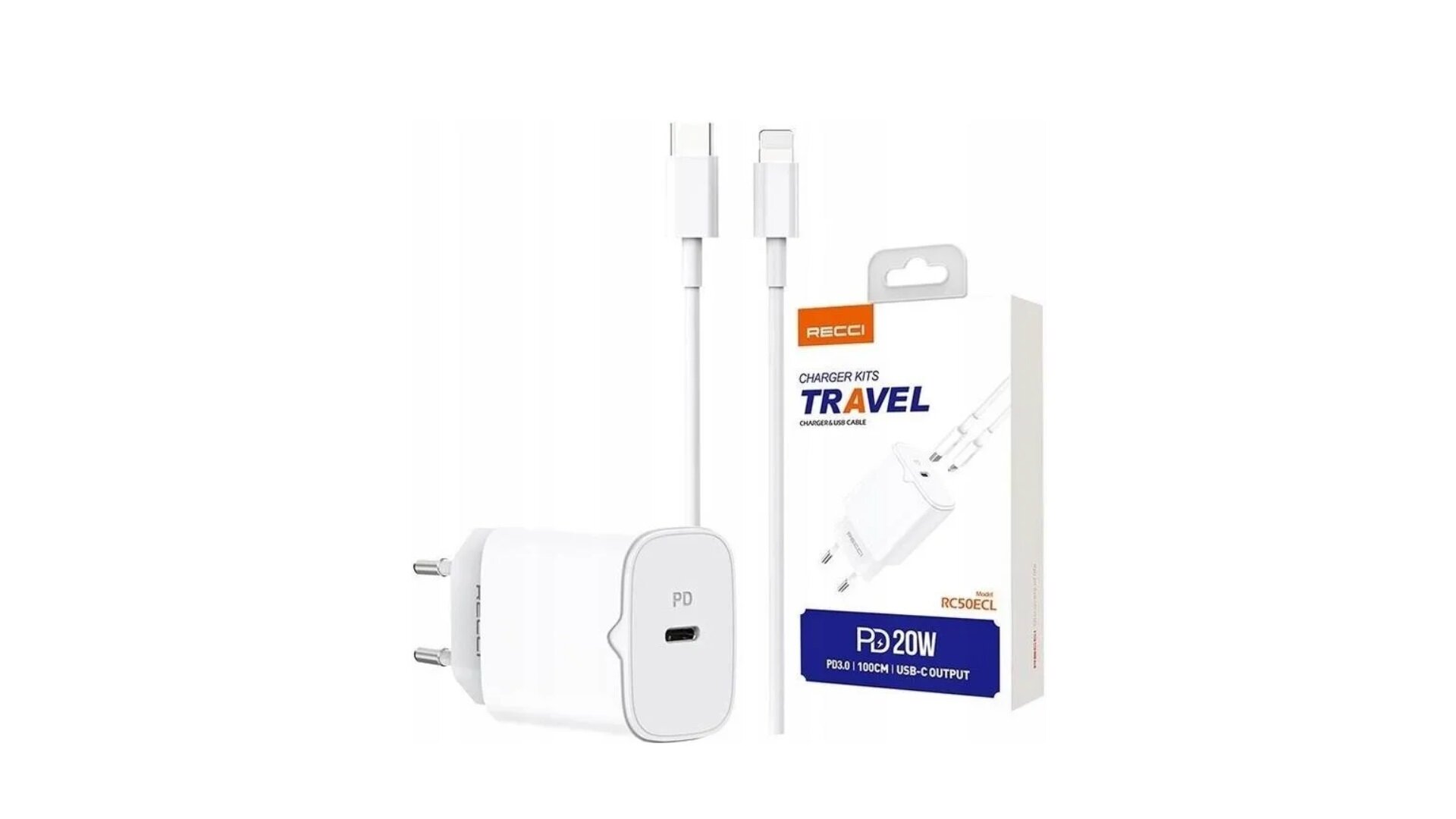Сетевое зарядное устройство Recci Travel Charger USB-C (PD20W) + Кабель Type-C to Lightning 1 метр, Белый, RC50ECL