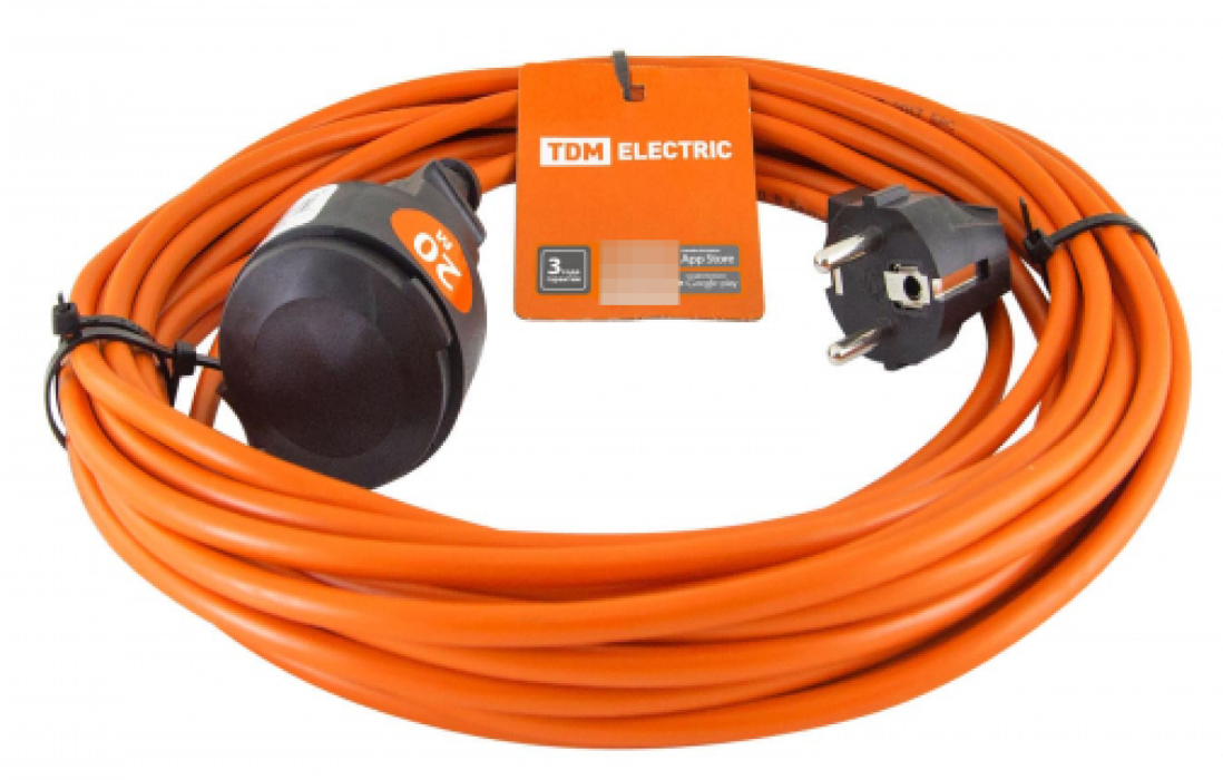 Удлинитель шнур силовой TDM Electric / ТДМ Электрик УШ10 без заземления, провод ПВС 2х1 оранжевый, 1 штепсельное гнездо, 20м, SQ1301-0606 / электрика