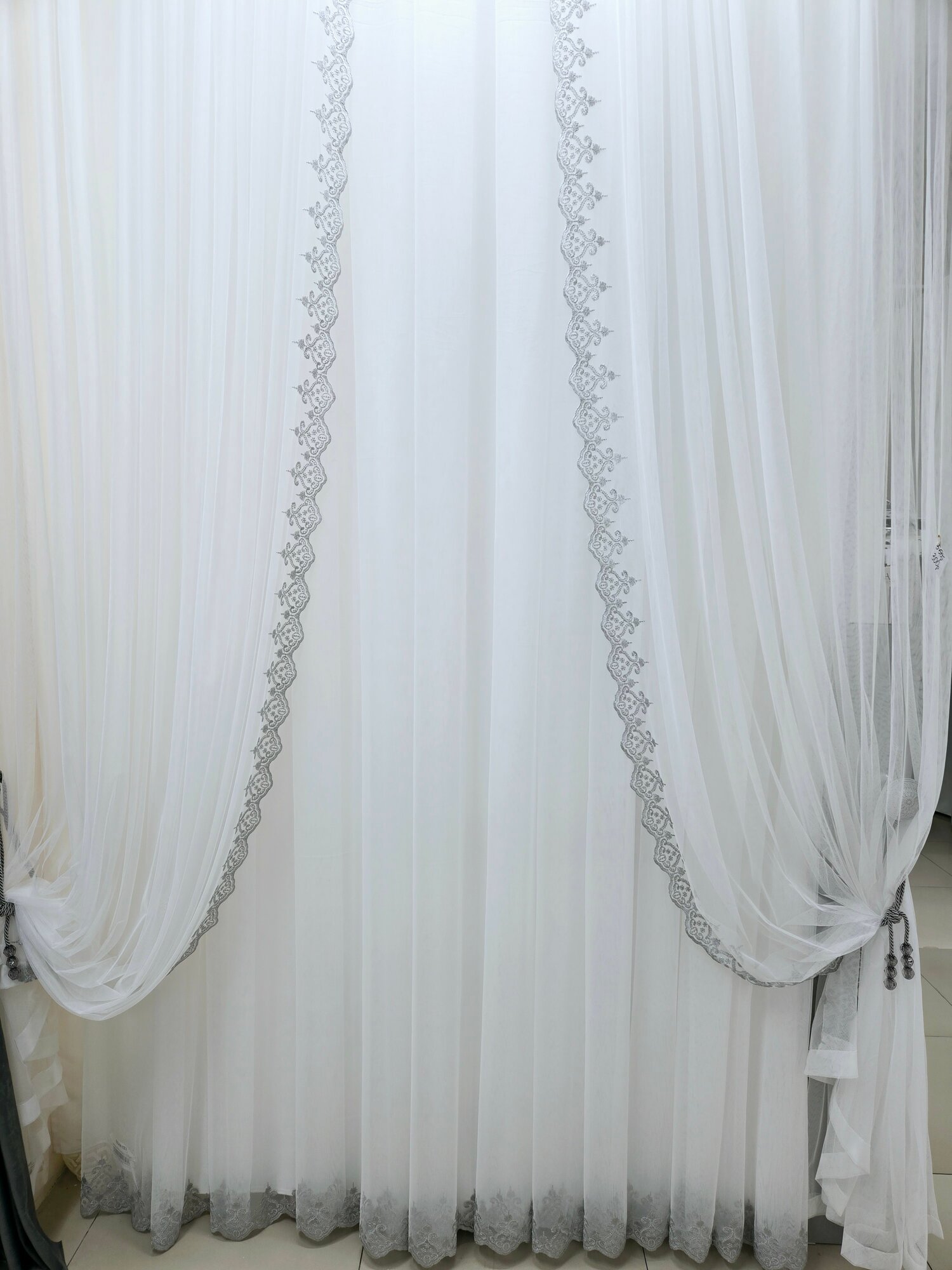 Тюль DM Текс "Грек", сетка, с вышивкой, с каймой, серый, Турция