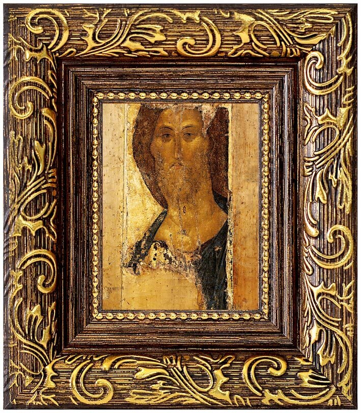 Спас Вседержитель, Андрей Рублев, 1410 г, икона в широкой темной пластиковой рамке 10,5*12 см
