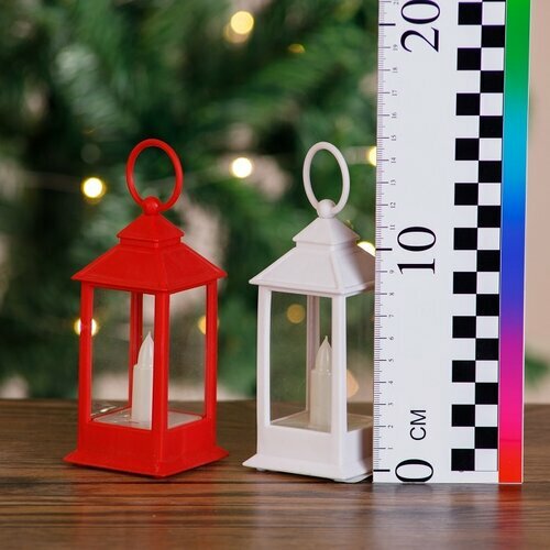 Декоративный фонарь светящийся "Новогодний", со свечой, белый, красный
