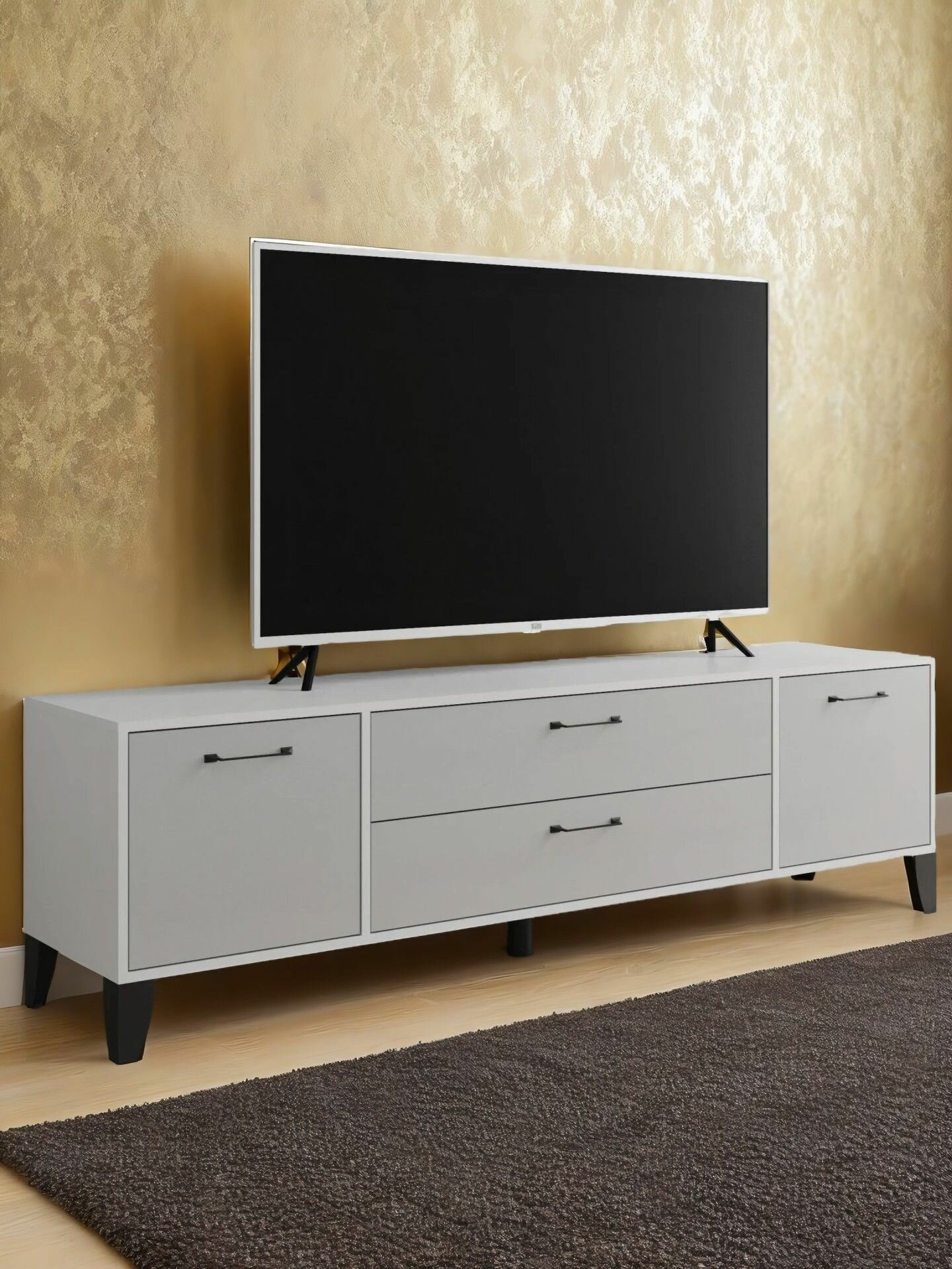 Тумба ТВ Парус-13 белый/серый камень, ЛДСП выдвижные ящики, открывающиеся в стороны