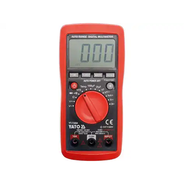 YATO YT-73084 мультиметр u пост 0-600v, u перем 0-600v, I пост, перем 0-10a, r 0-20 мом, c 0-1000 f, t 0-250, проверка