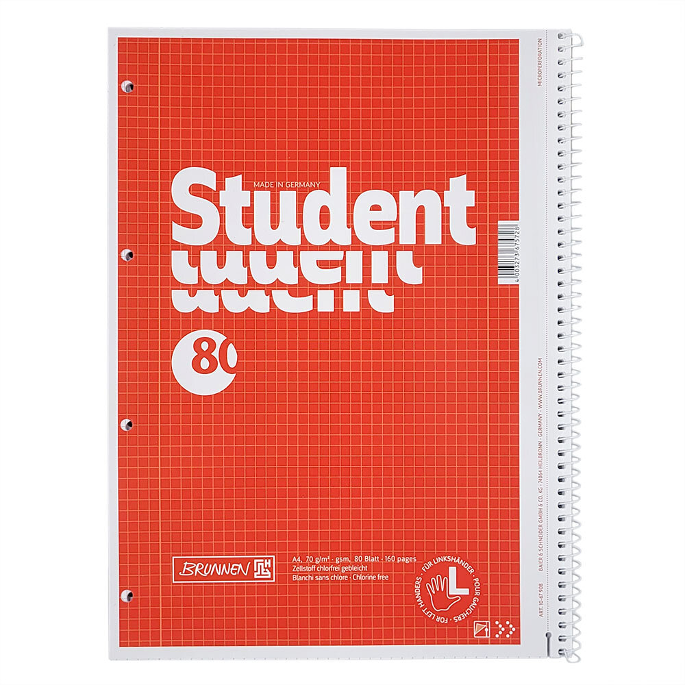 Тетрадь для левши в клетку на пружине, 70 гр/м2, А4, 80 листов , Brunnen (пр-во Германия)
