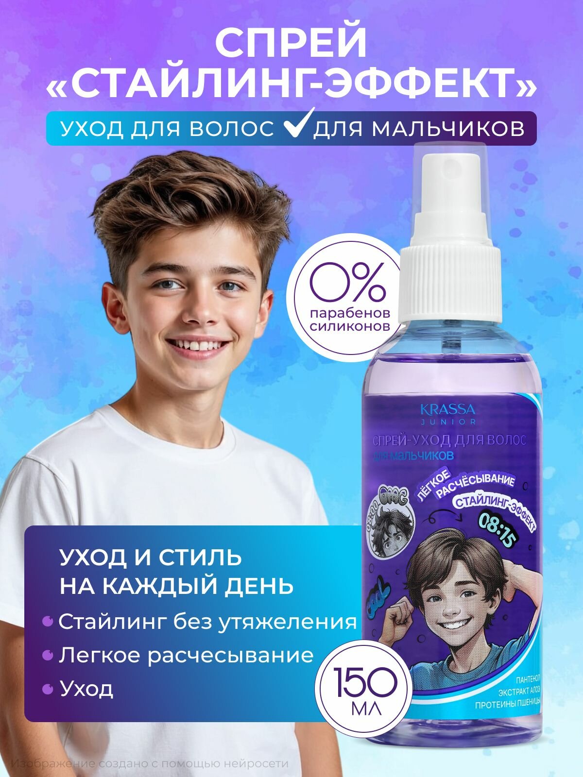 KRASSA JUNIOR Несмываемый спрей для волос "Стайлинг-эффект" для мальчиков,150 мл