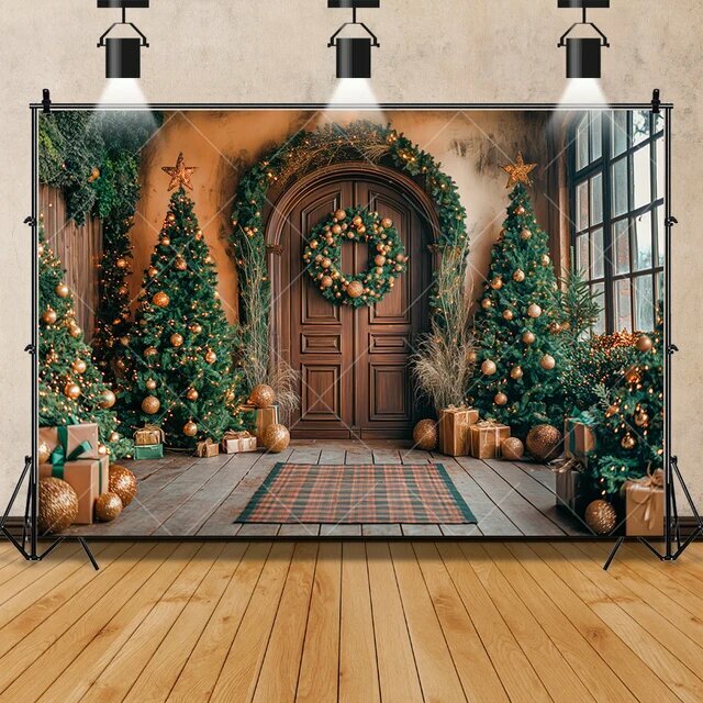 Рождественские арки, двери и окна, сверкающие венки, елочные украшения для детских и семейных праздников — фон для фотосъемки