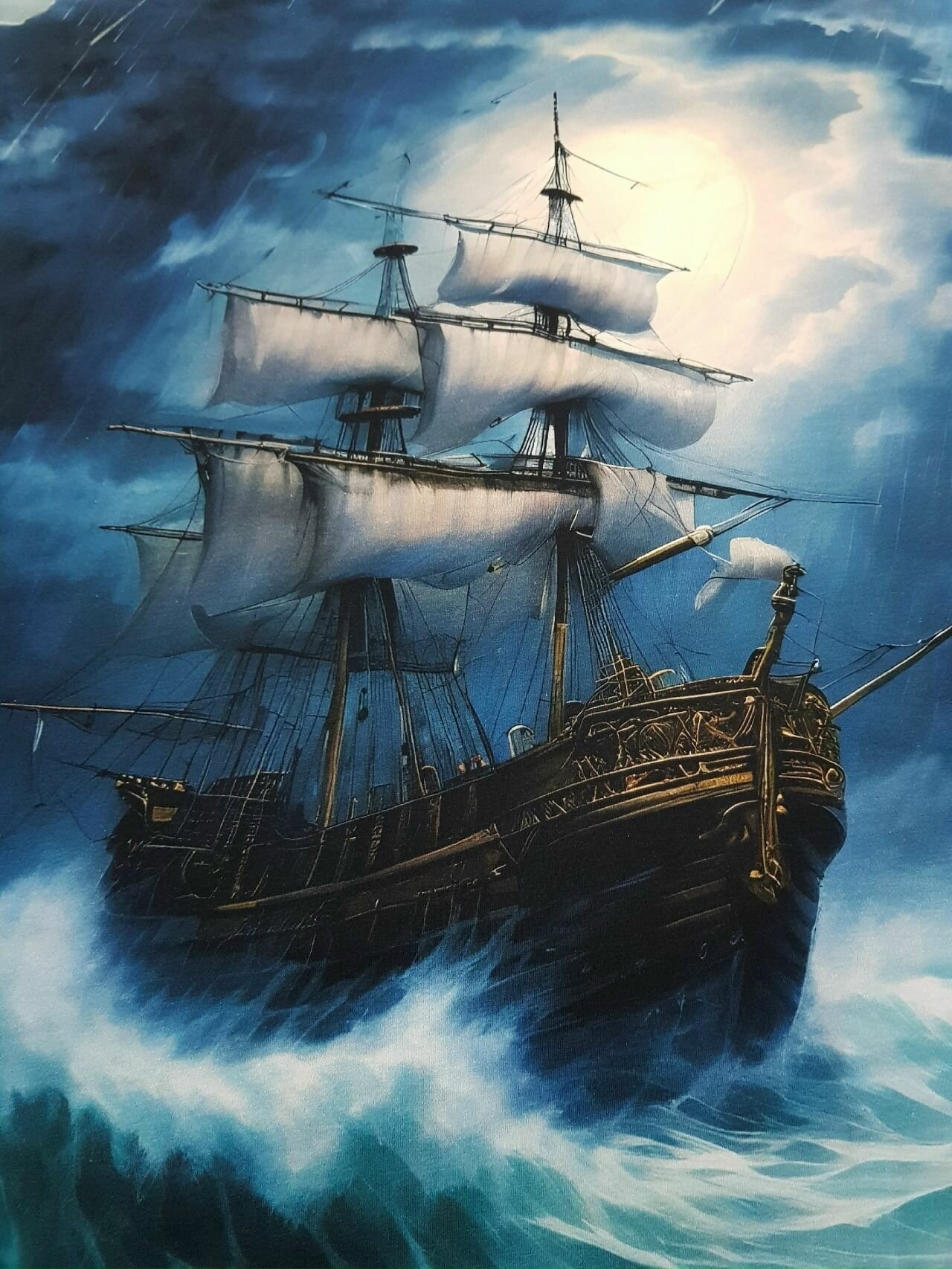 Кулирка с лайкрой купон "Корабль и дождь" ширина 180см, высота 80 (+-2)см пенье