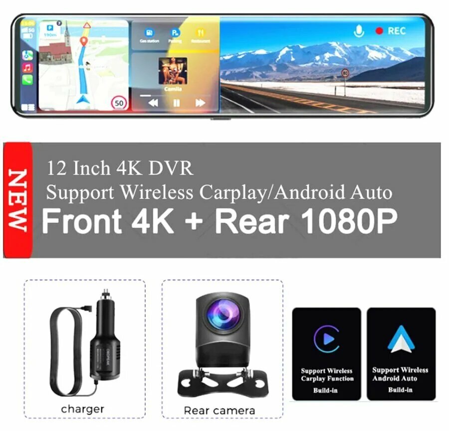 12-дюймовое зеркало заднего вида с видеорегистратором dash cam, wi-fi, dvr, с двумя объективами, поддержка carplay
